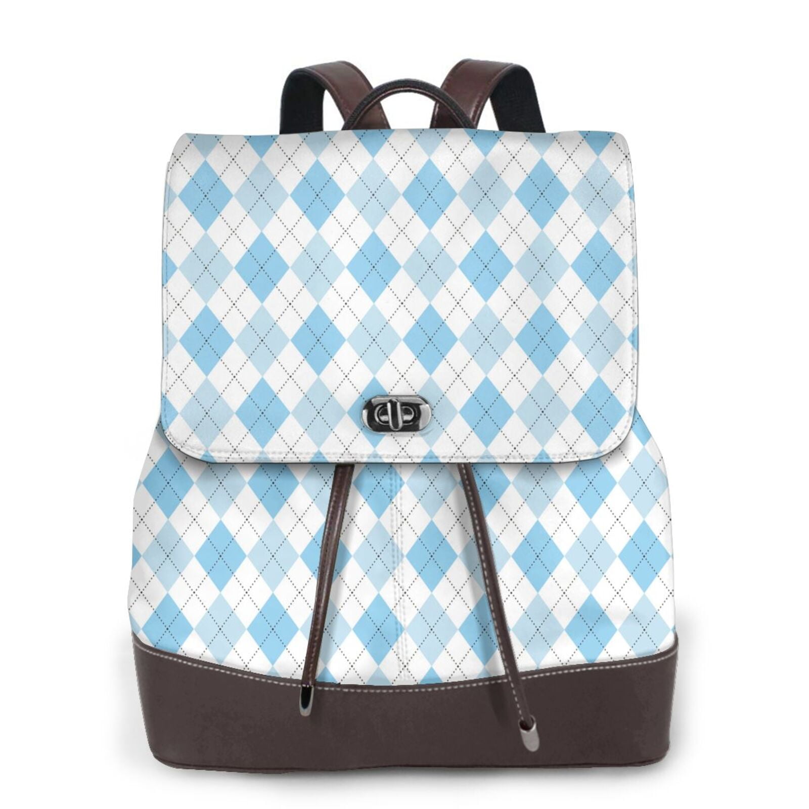 KLL Blue and White Squares Print Leather Backpack,PU Leather Laptop ...