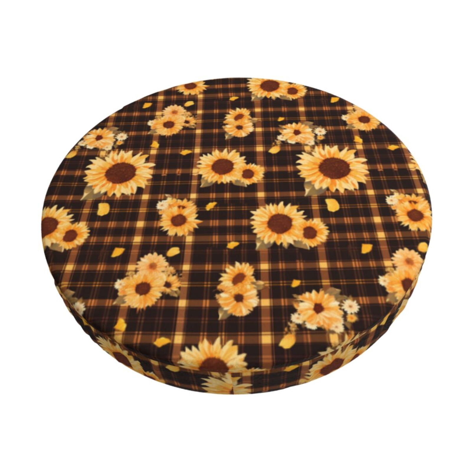 KLL Brown Plaid Sunflower Round Bar Chair Cushion Cover 13 inch ,Bar ...
