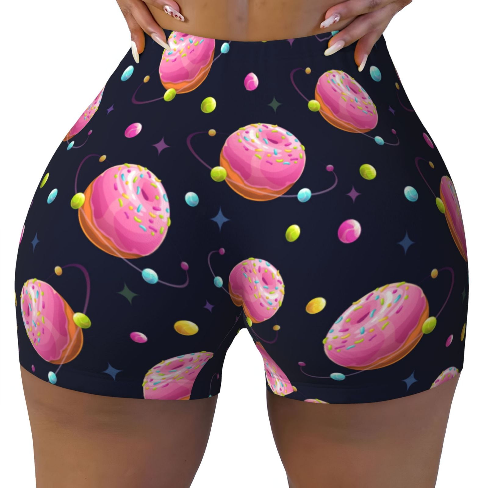 KLL Cartoon Donut Planets Pattern Workout Shorts for Women Scrunch ...
