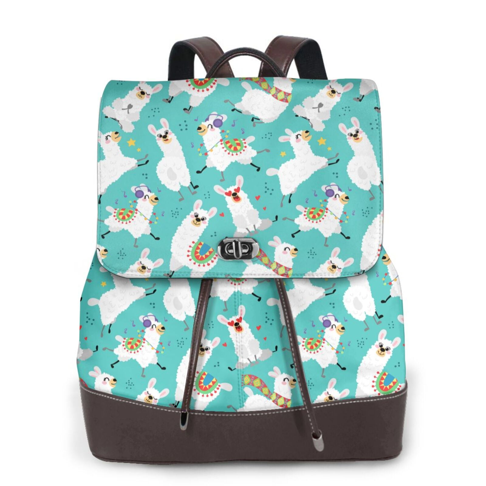 KLL Cartoon Llamas Print Leather Backpack,PU Leather Laptop Backpack ...