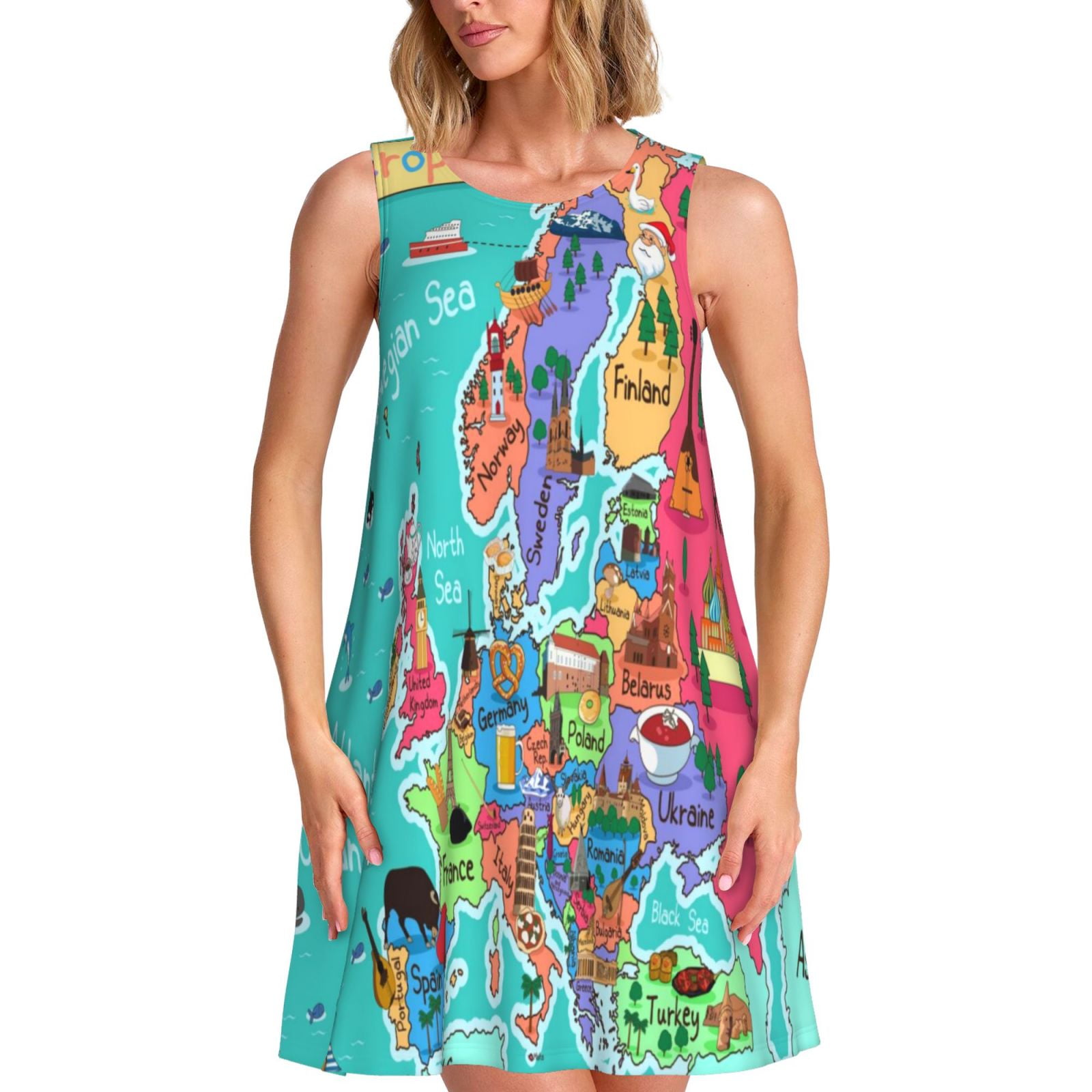 KLL Cartoon Map Of Europe Pattern Womens Summer Dresses 2025,Loose ...