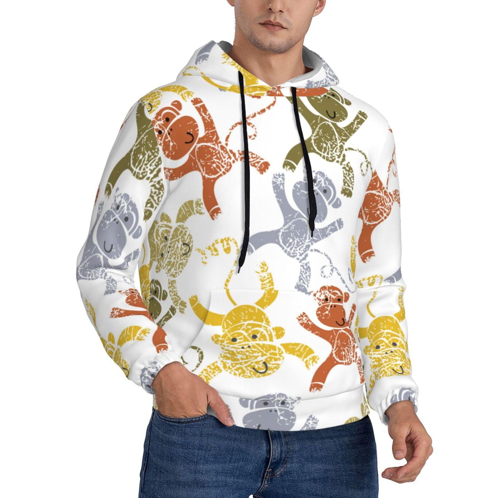 KLL Cartoon Monkey Print Mens Hoodie Long Sleeve Casual Pullover Hooded Sweatshirt Fashion ...