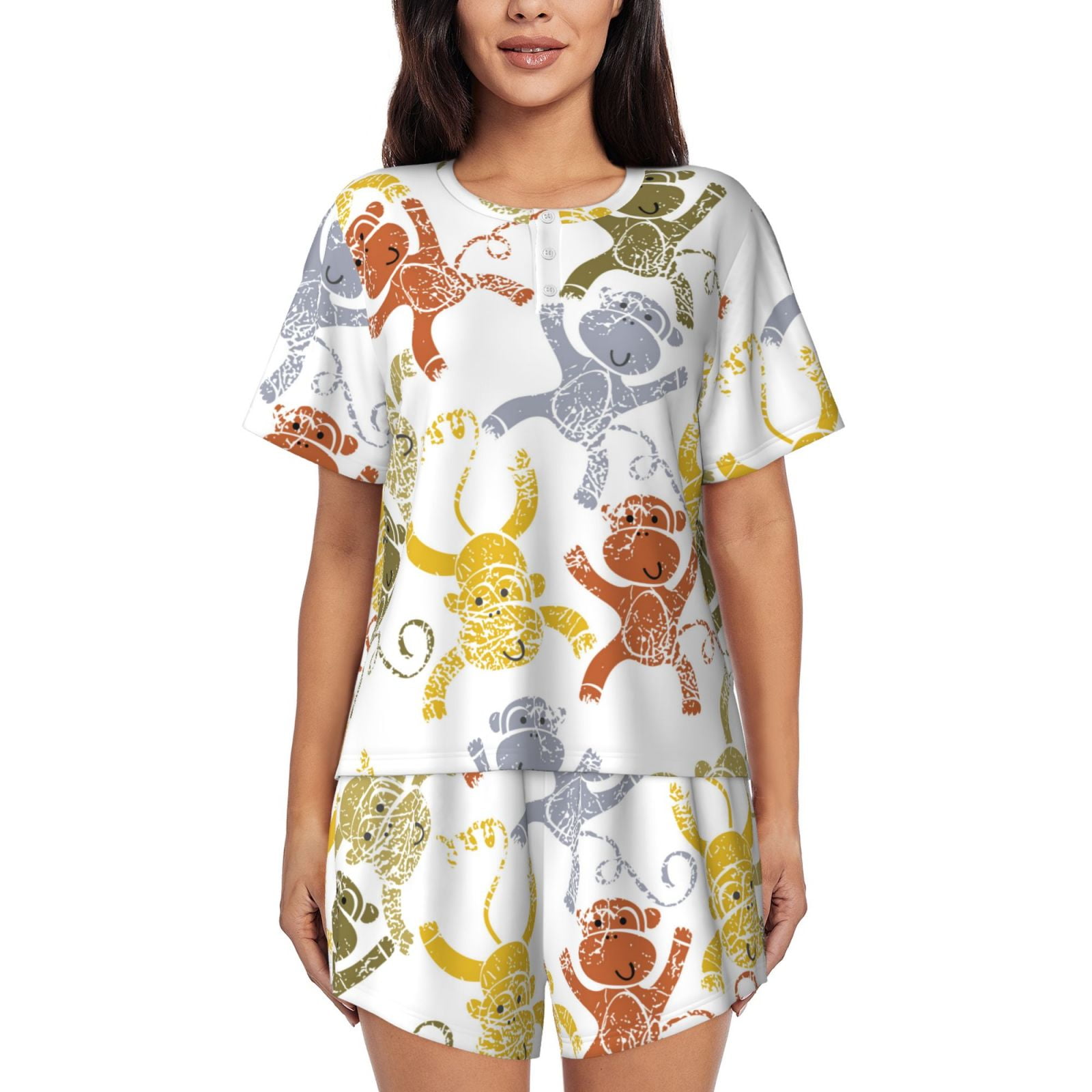 KLL Cartoon Monkey Print Pajama Set for Women Short Sleeve Sleepwear ...