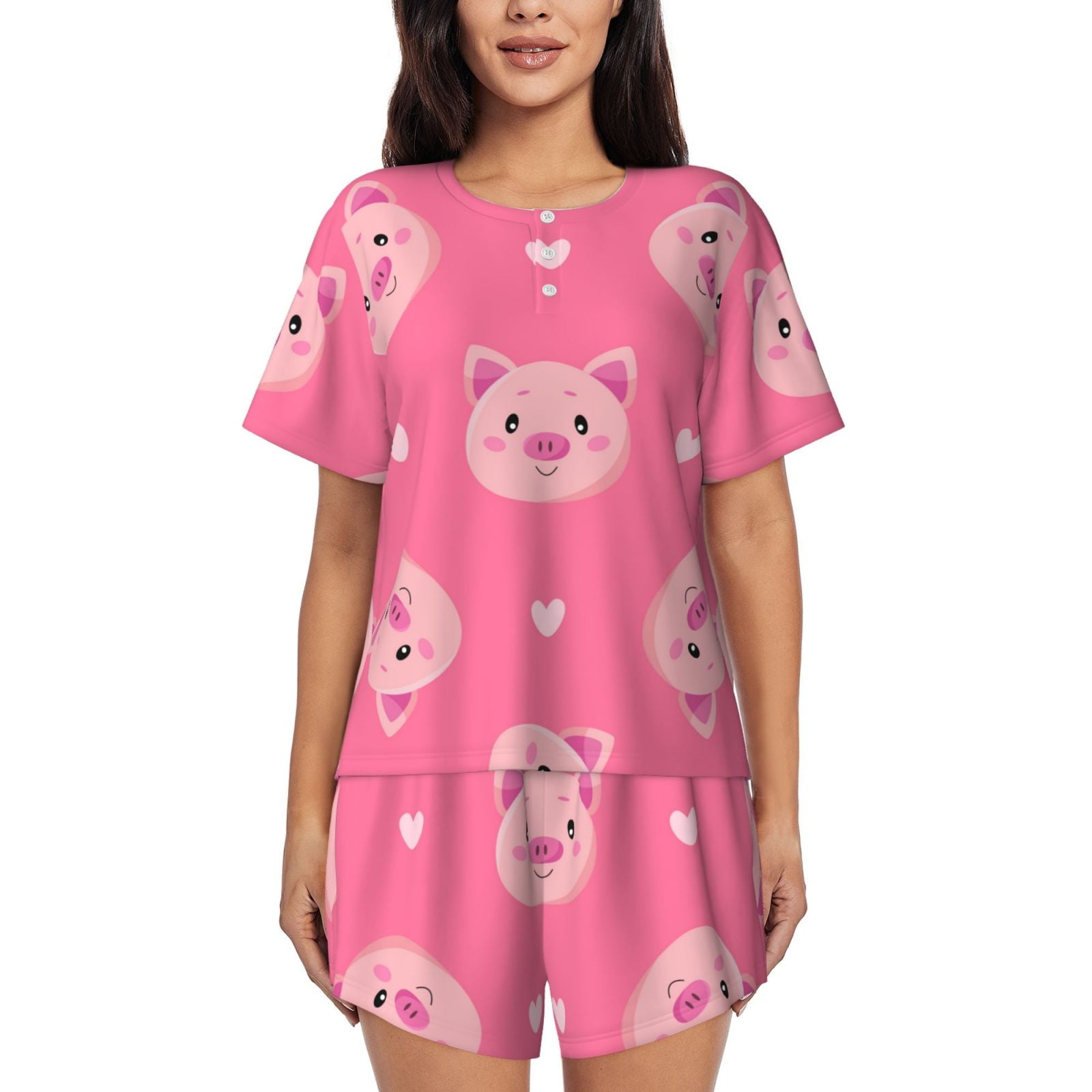 KLL Cartoon Pigs and Hearts Print Pajama Set for Women Short Sleeve ...