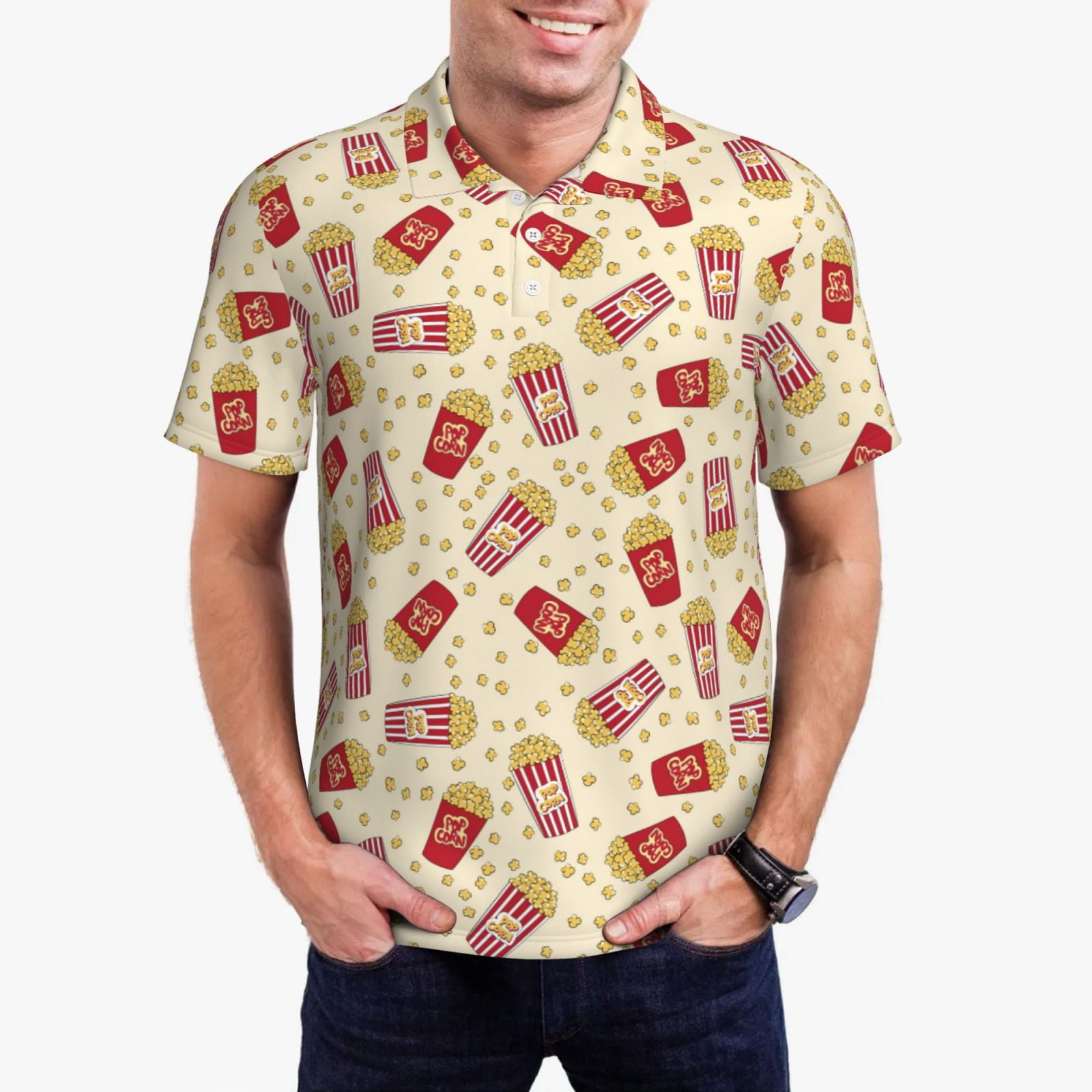KLL Cartoon Popcorn Print Men's Short Sleeve Golf Polo,Three-Button ...