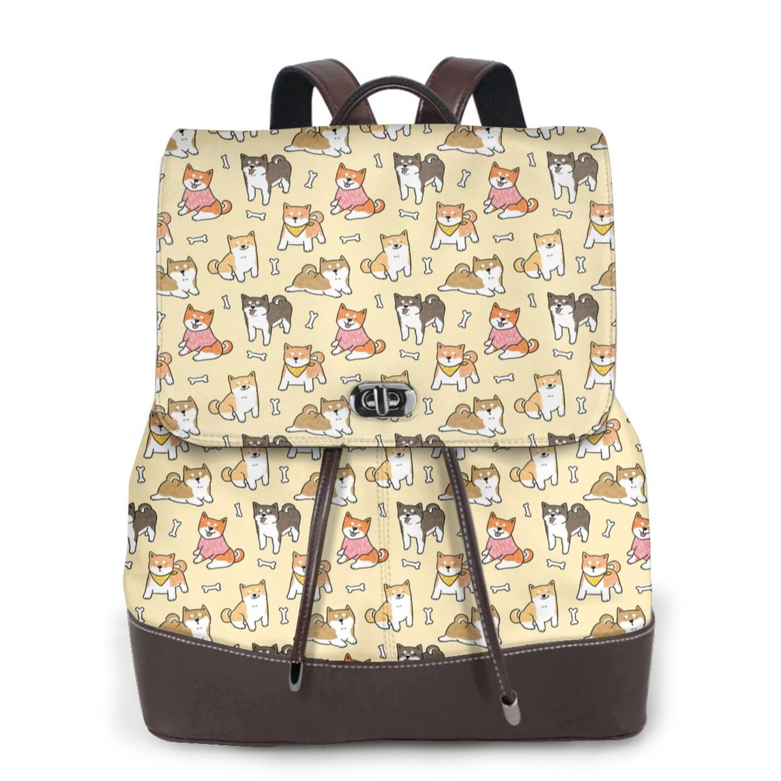 KLL Cartoon Shiba Inu Dog Print Leather Backpack,PU Leather Laptop ...