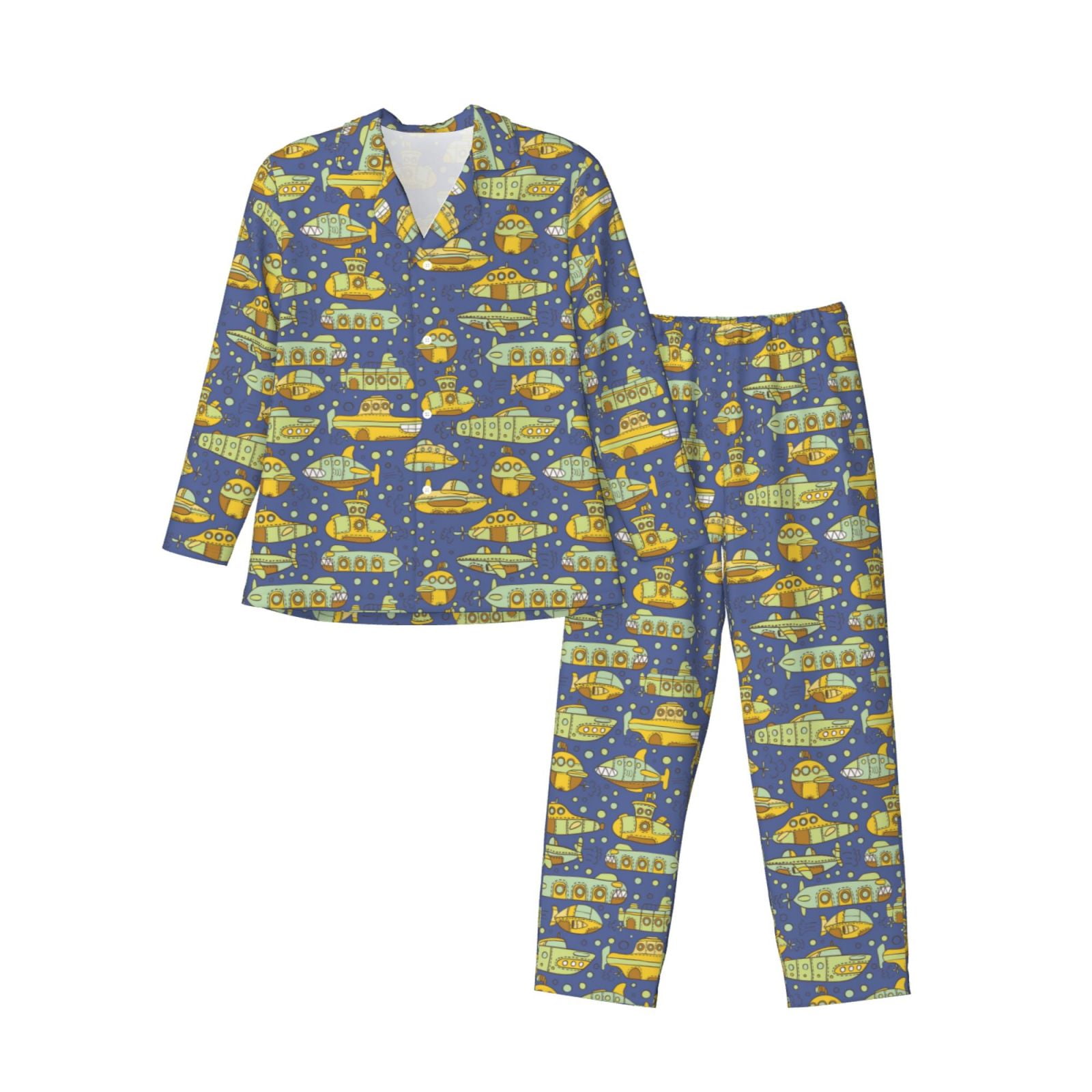 KLL Cartoon Submarines Sleepwear Mens Flannel Pajamas,Long Cotton Pj ...