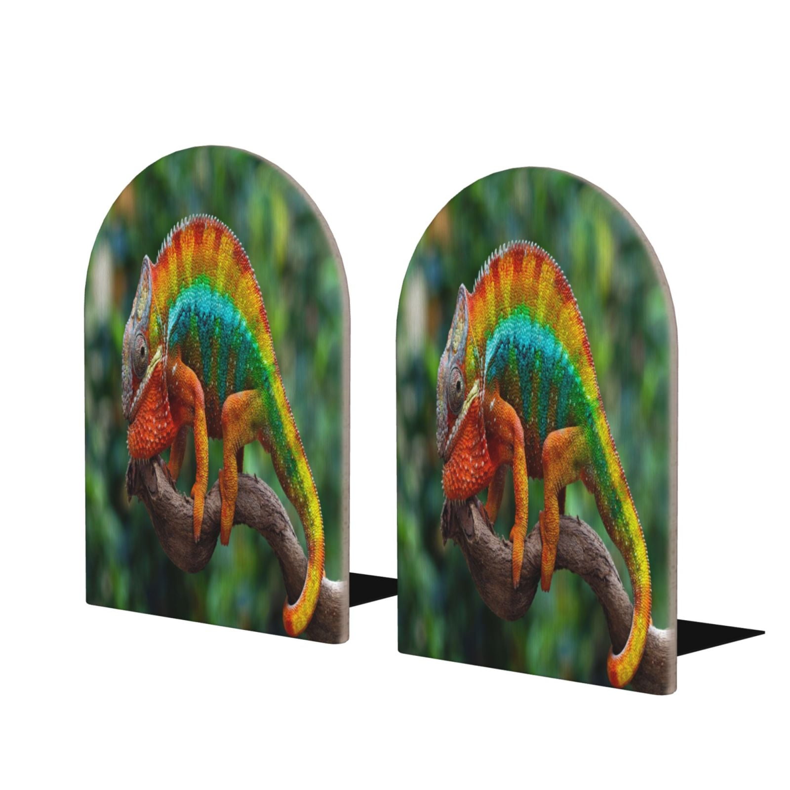KLL Chameleon Print Wood Book Ends for Shelves,1 Pair Wood Bookends ...