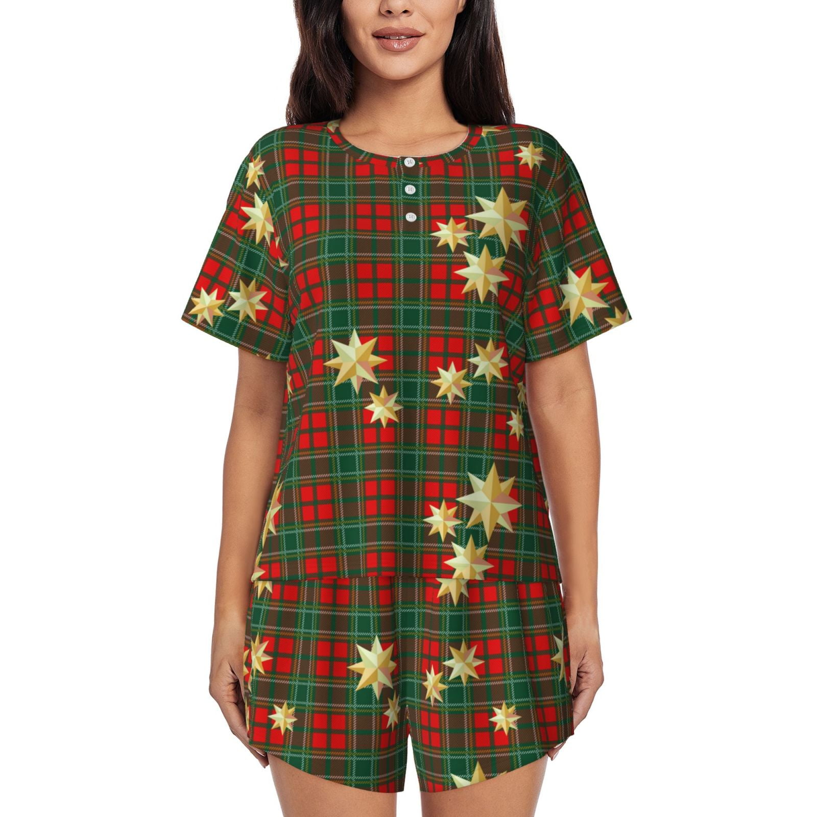 KLL Checkered With Golden Stars Print Pajama Set for Women Short Sleeve ...