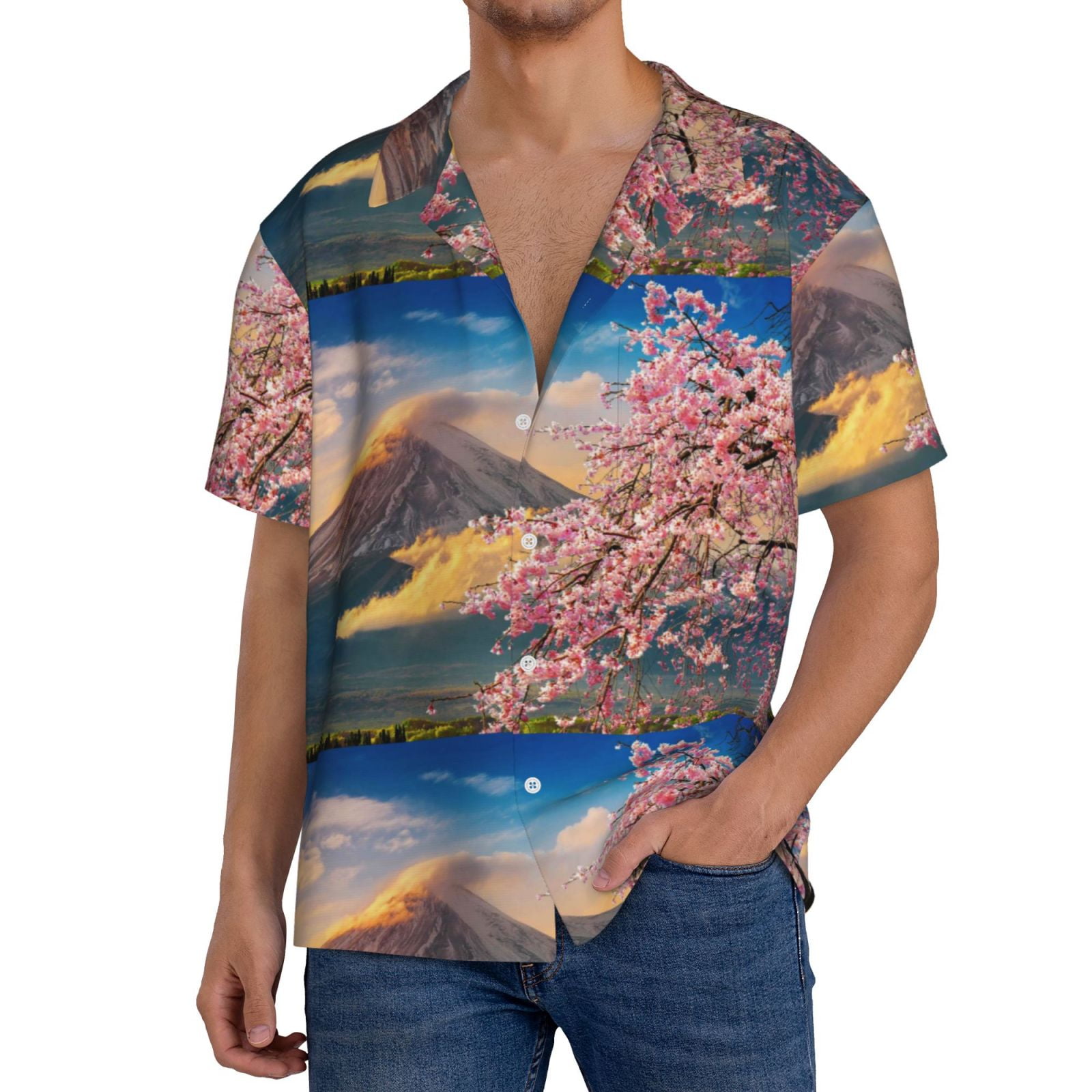 KLL Cherry Blossoms Print Men's Shirt Short Sleeve Button Down Summer ...