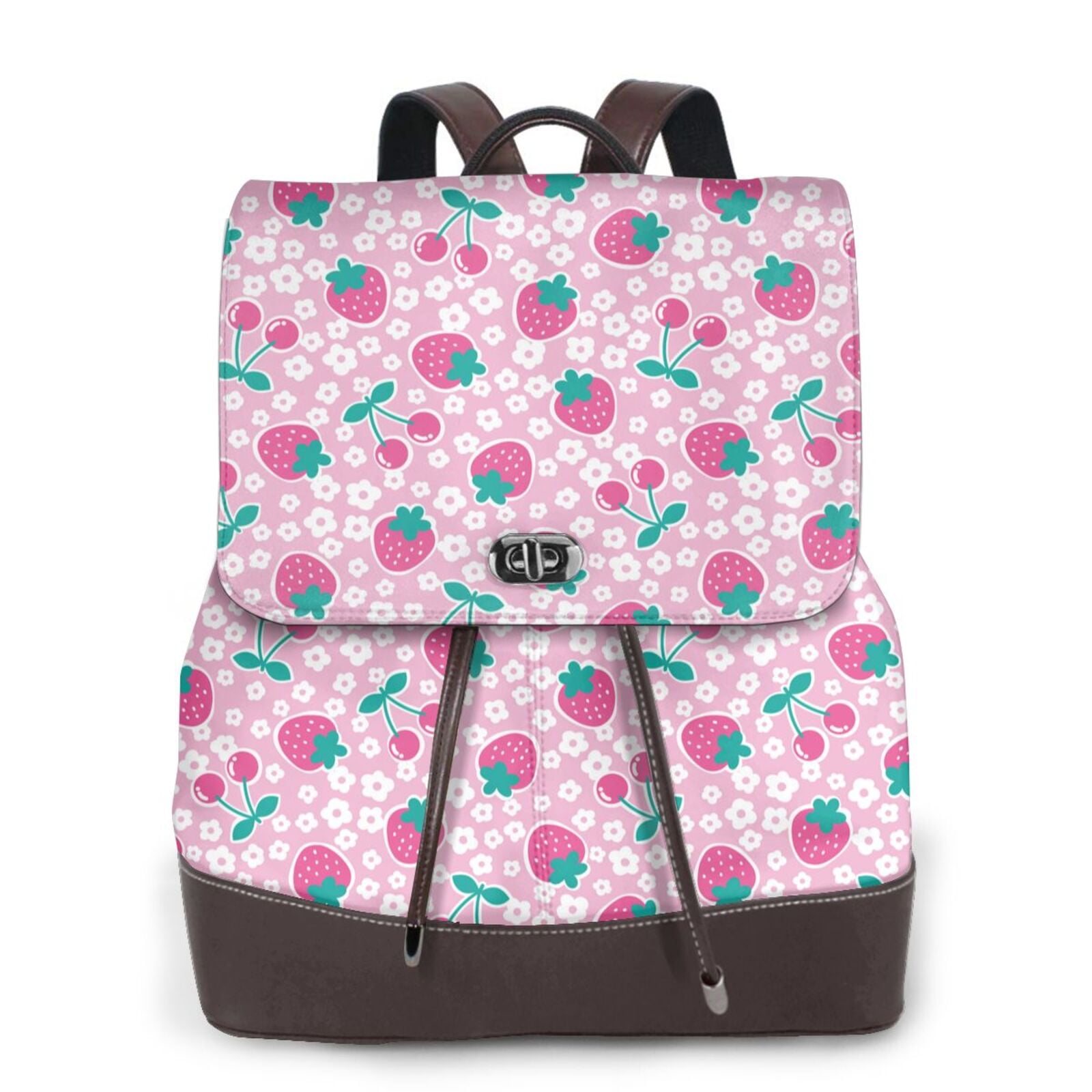 KLL Cherry Strawberry Print Leather Backpack,PU Leather Laptop Backpack Purse for Women and ...
