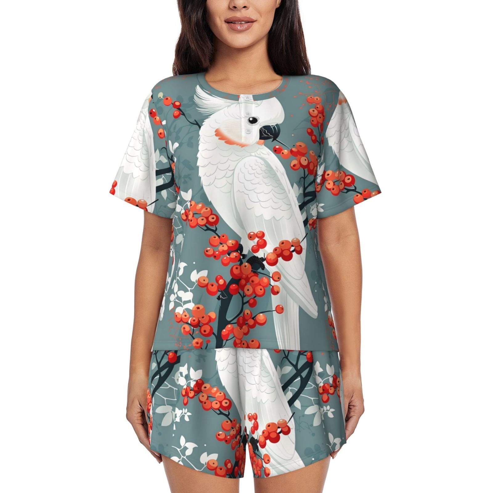 KLL Cockatoo Red Berries Print Pajama Set for Women Short Sleeve ...