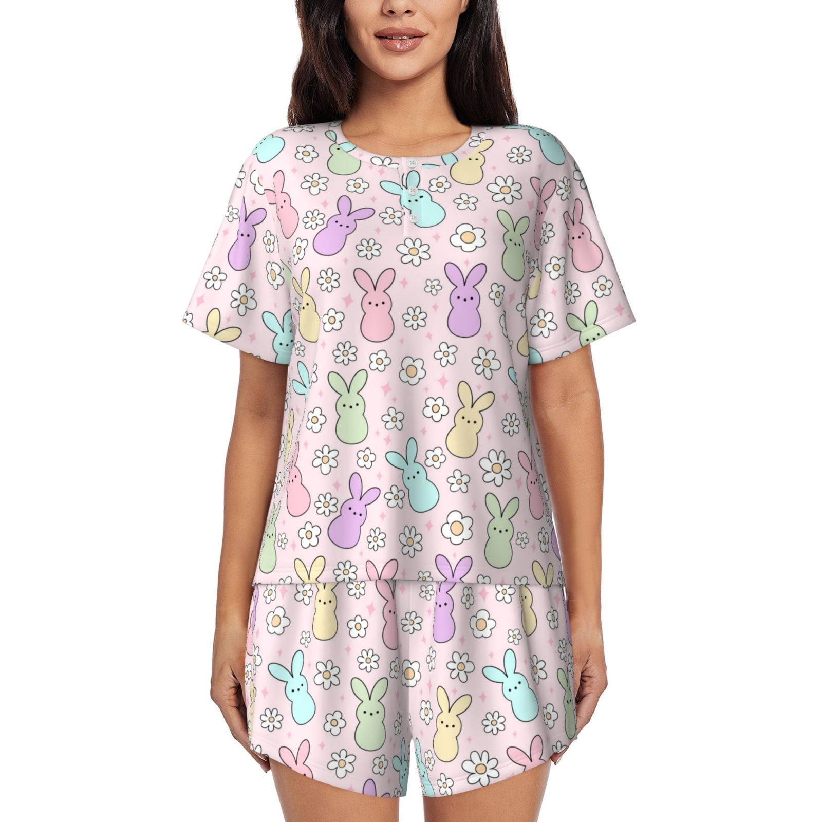 KLL Colorful Bunny Print Pajama Set for Women Short Sleeve Sleepwear Pjs Soft 2 Piece Lounge ...