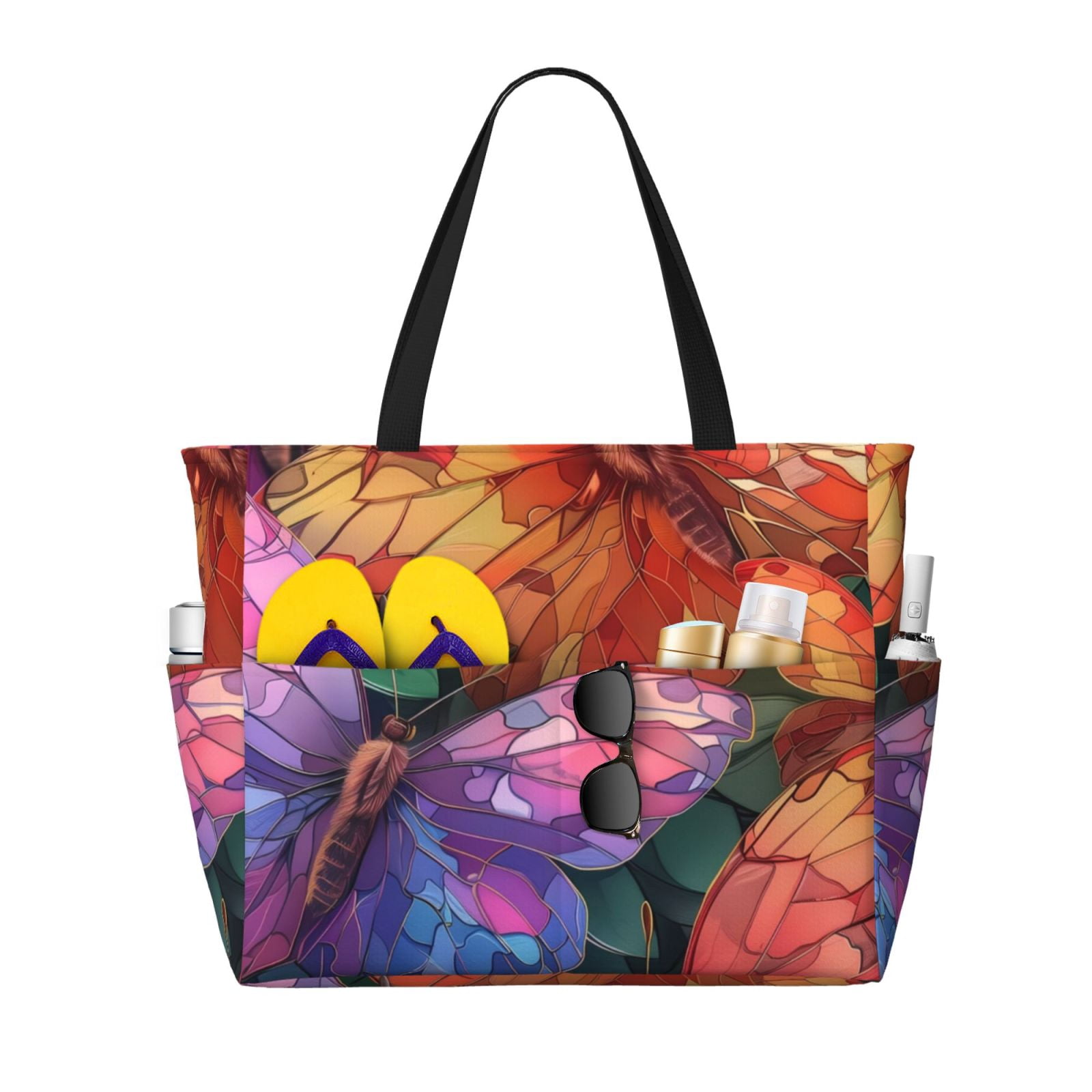 KLL Colorful Butterfly Cluster Print Large Beach Tote Bag Women ...