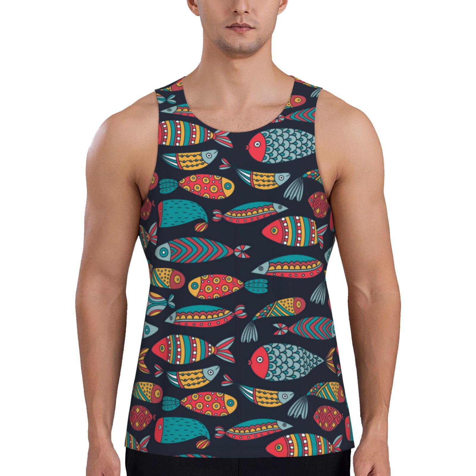 KLL Colorful Fish Print Men's Muscle Gym Workout Stringer Tank Tops ...