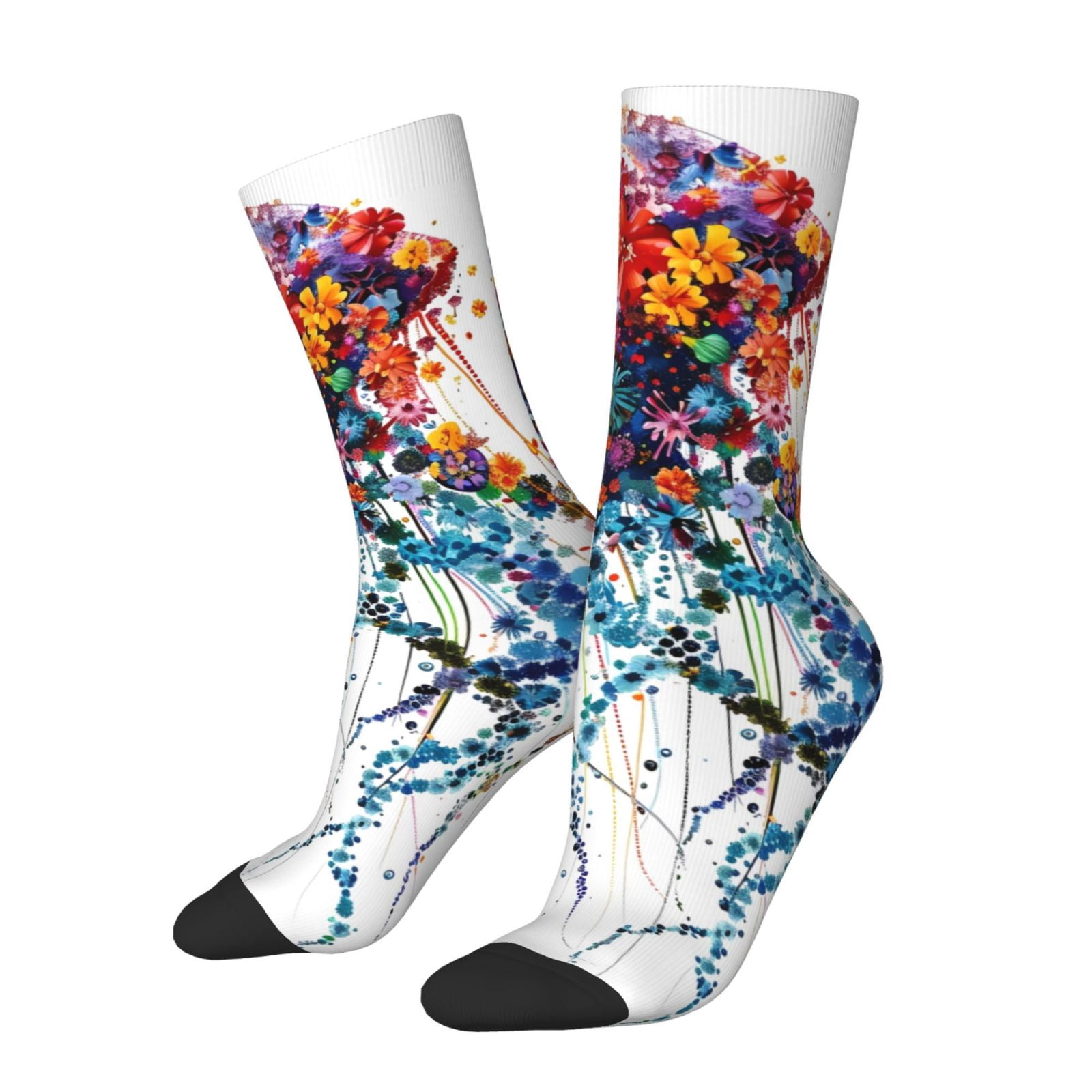 KLL Colorful Floral Jellyfish Print Cool Socks Men's Women's Crew Socks ...
