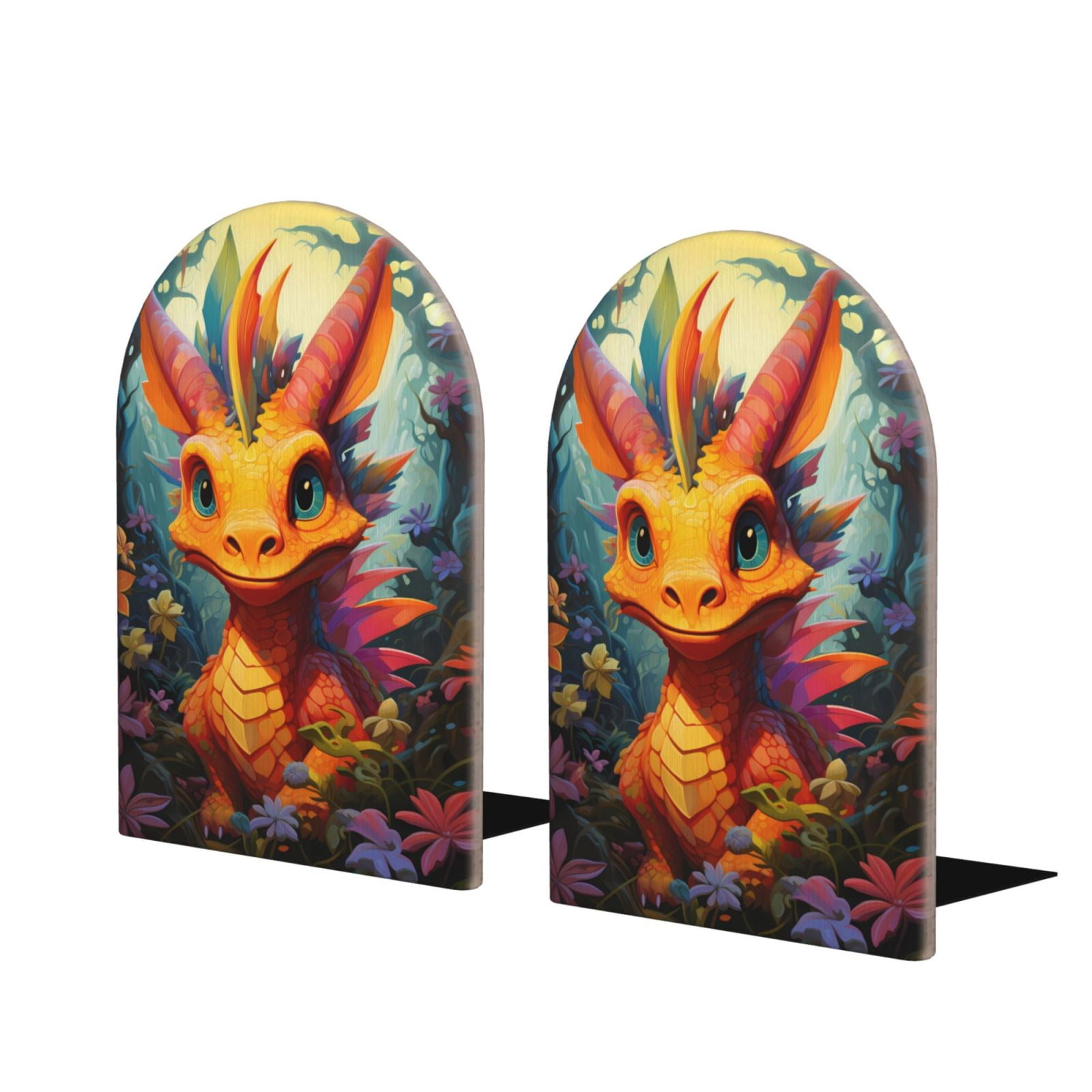 KLL Colorful Flower Chameleon Print Wood Book Ends for Shelves,1 Pair ...