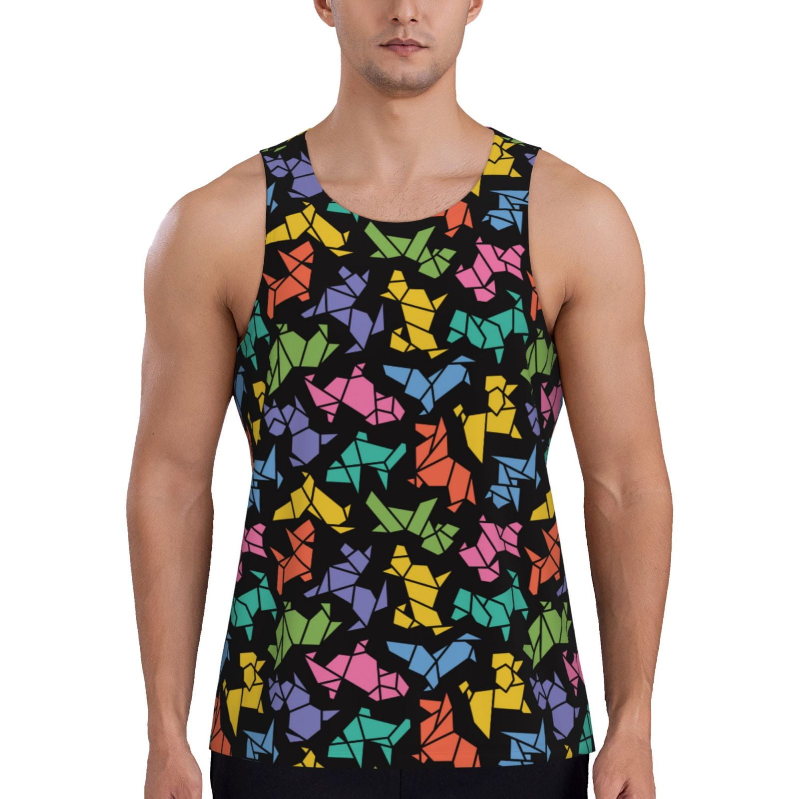 KLL Colorful Geometric Dog Print Men's Muscle Gym Workout Stringer Tank ...