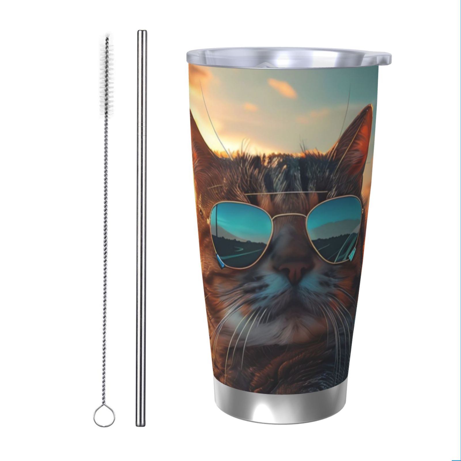 KLL Cool Cat Driving Sunset Print 40oz Stainless Steel Insulated Car ...