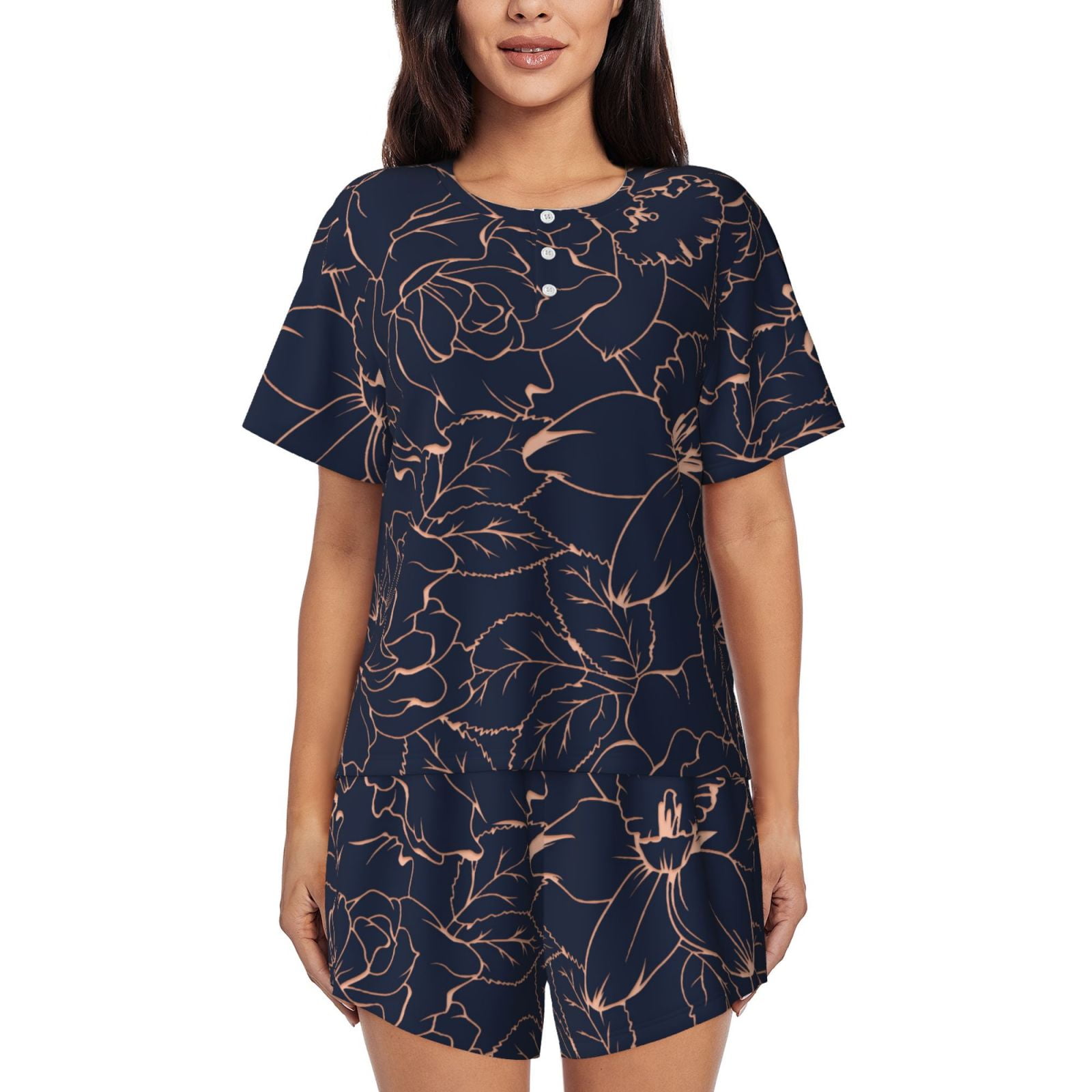 KLL Copper-Gold Gloss Outline Flower Print Pajama Set for Women Short ...