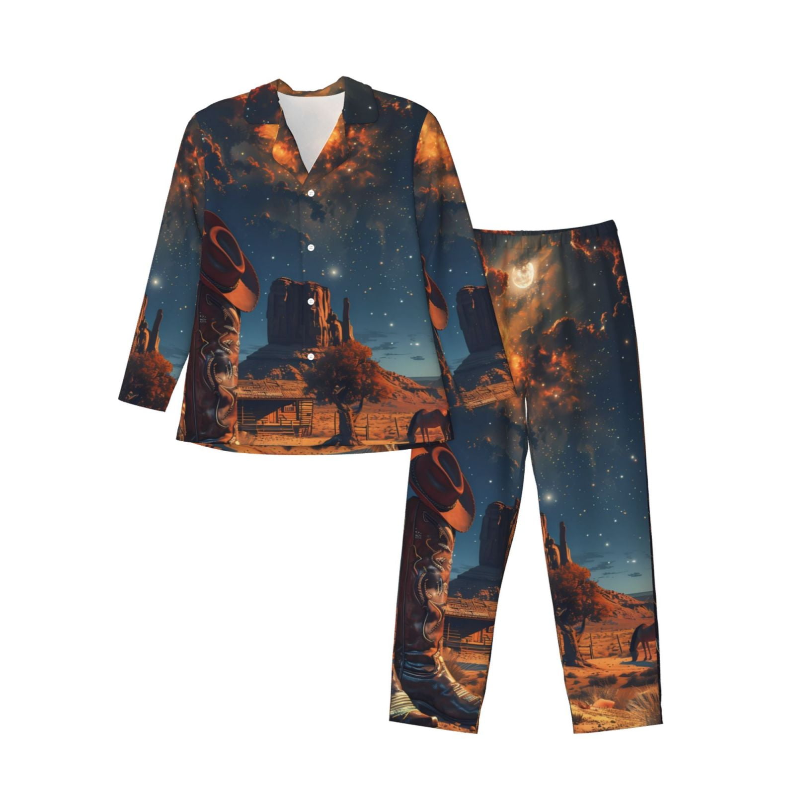KLL Cowboy Boots Under Starry Sky Sleepwear Mens Flannel Pajamas,Long ...