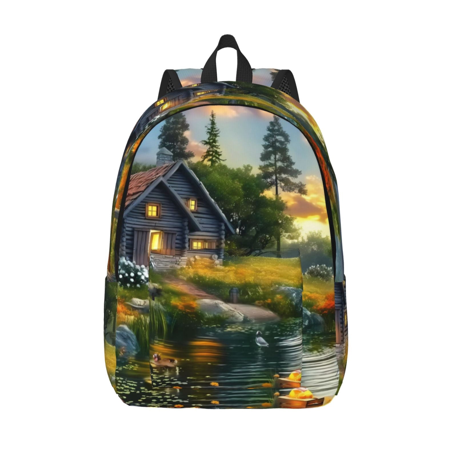 KLL Cozy Cottage Lakeside Sunset Print Travel Laptop Backpack - College ...