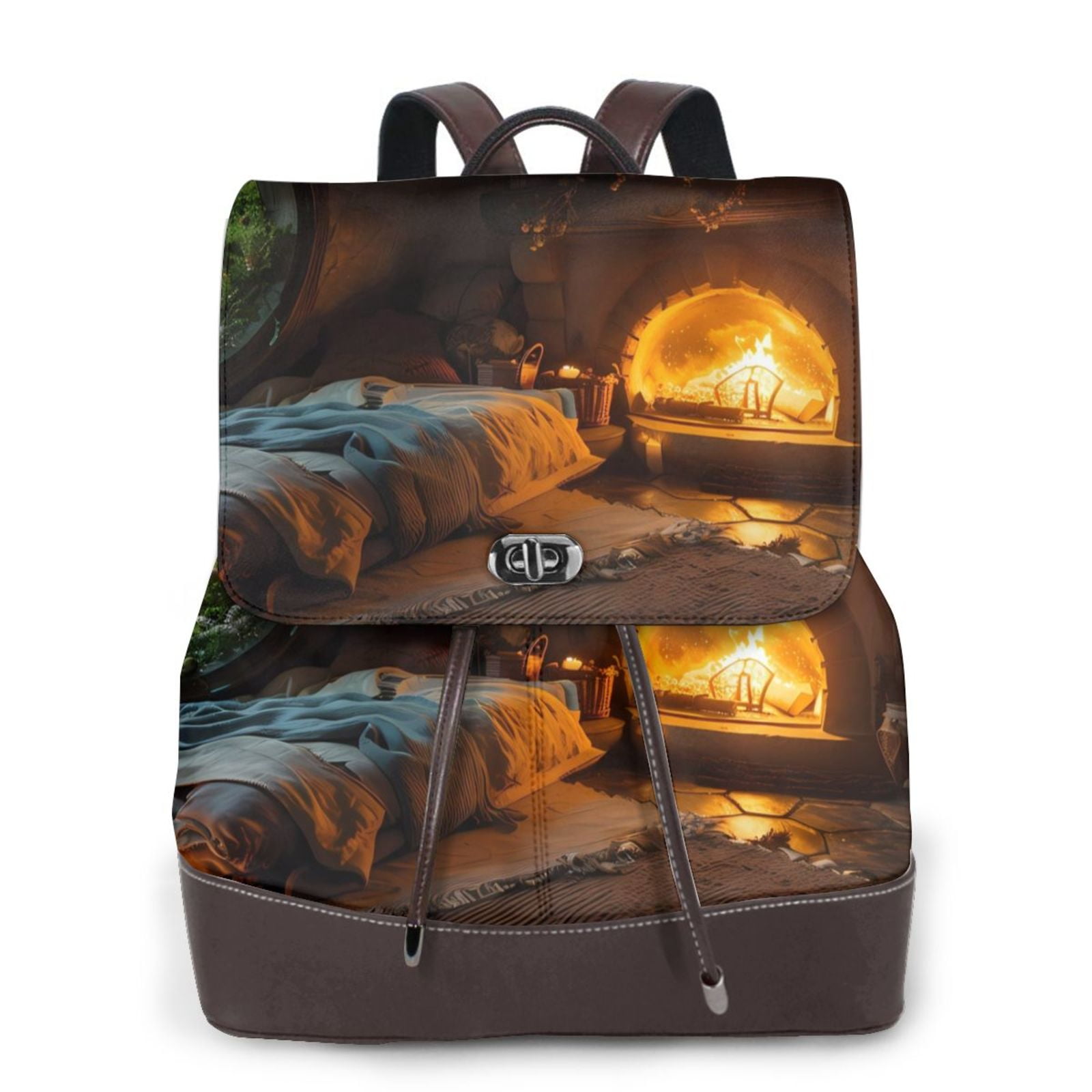 KLL Cozy Tree Hole Cabin Print Leather Backpack,PU Leather Laptop ...