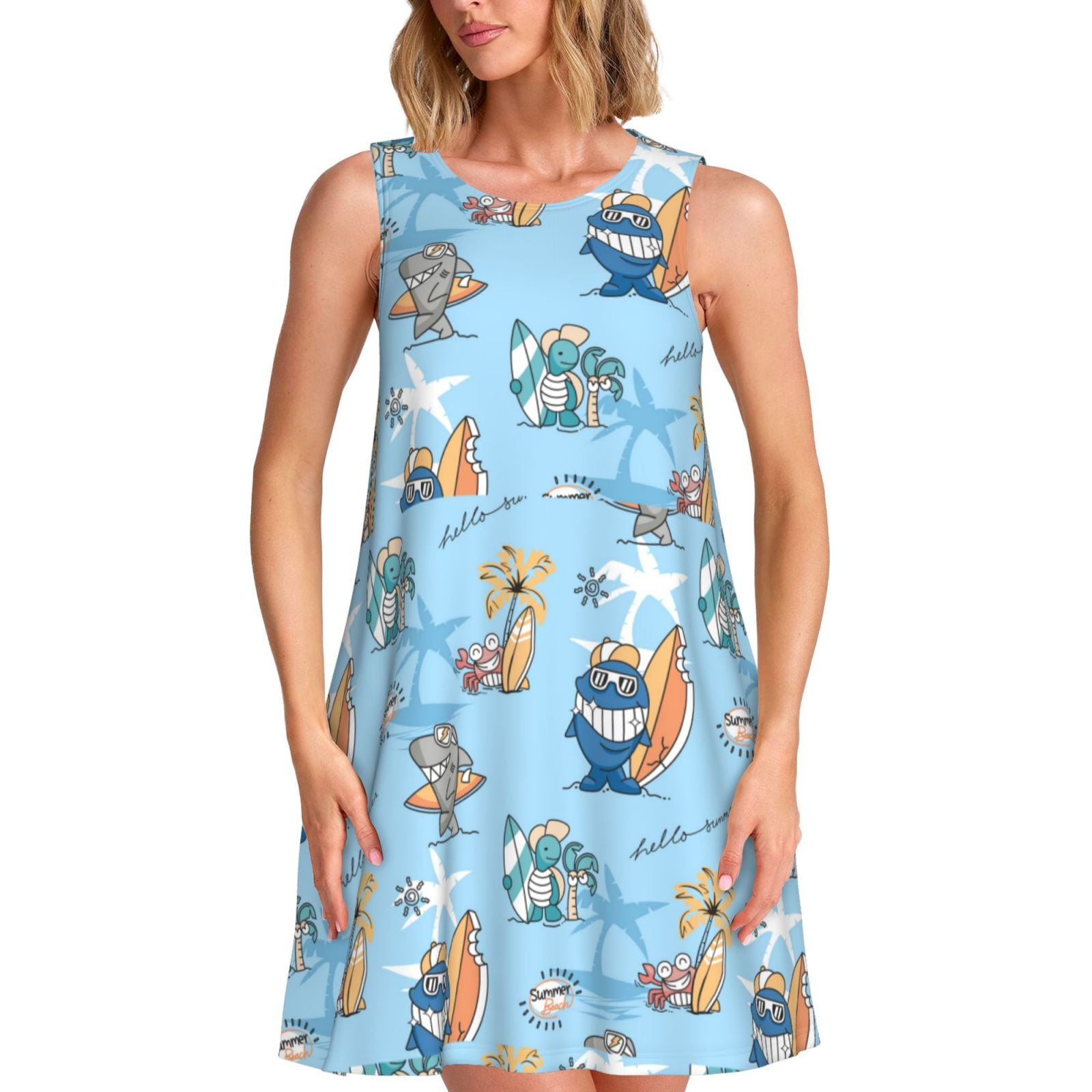 KLL Cute Animals Surfers Pattern Womens Summer Dresses 2025,Loose Round ...