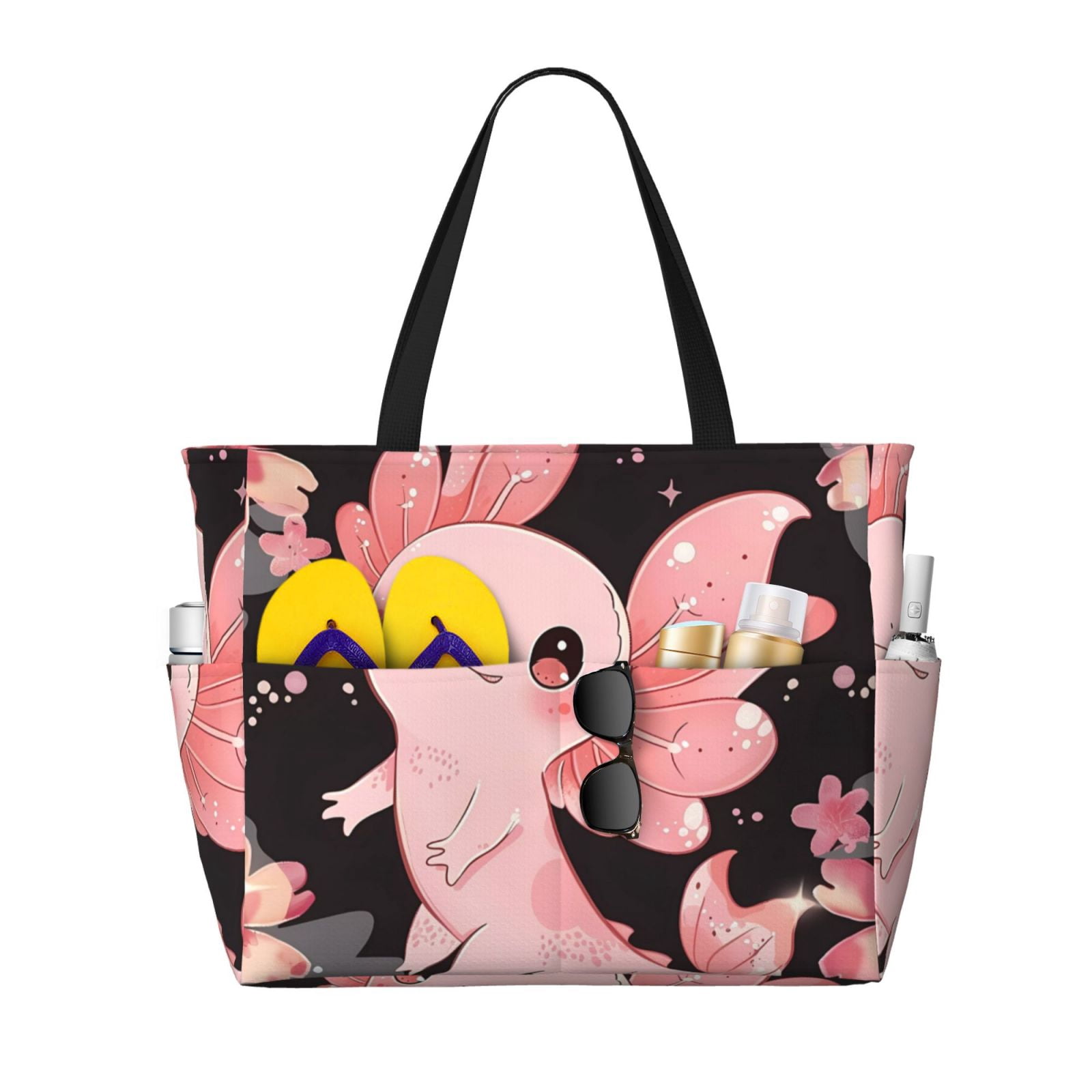 KLL Cute Axolotl Sakura Blossoms A Print Large Beach Tote Bag Women ...