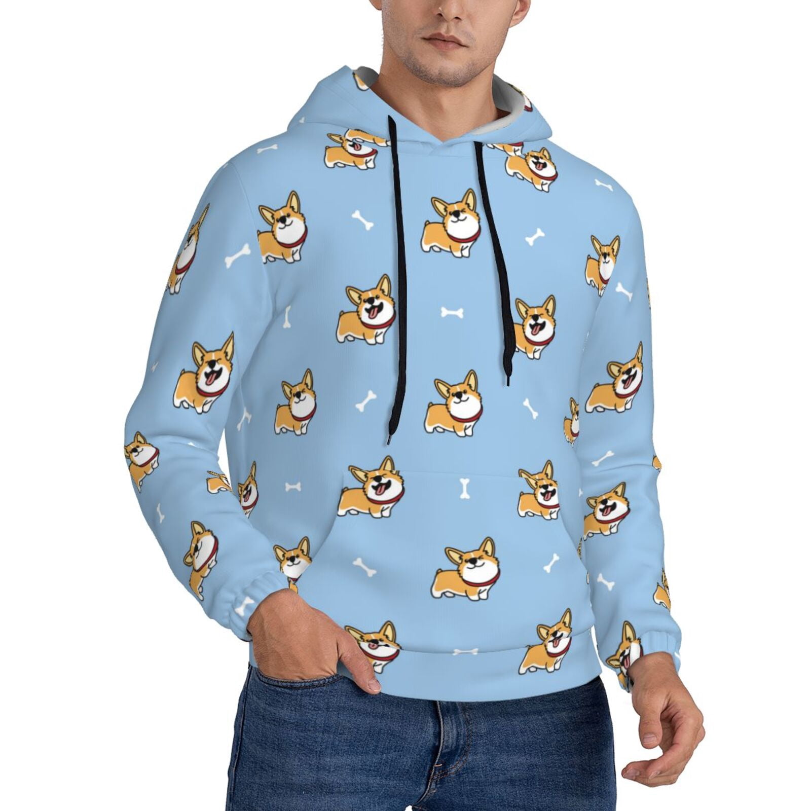 KLL Cute Cartoon Corgi Print Mens Hoodie Long Sleeve Casual Pullover ...
