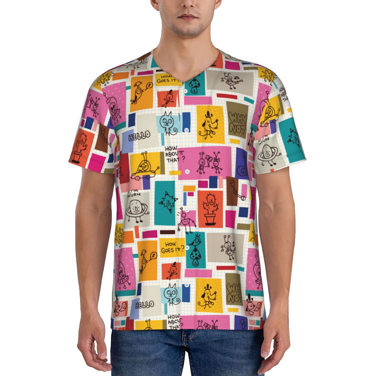 KLL Cute Doodles for Men's Baseball Shirts,Short Sleeve Casual Shirts ...