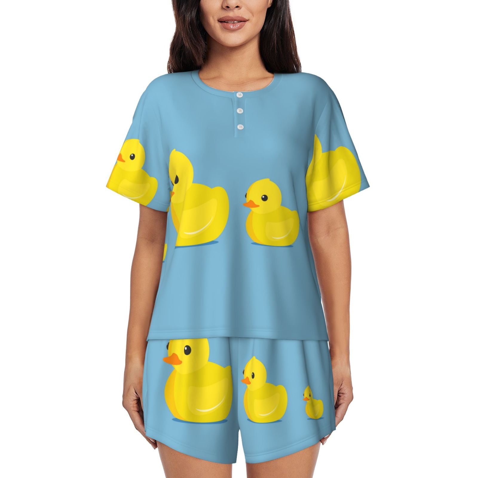 KLL Cute Ducky Print Pajama Set for Women Short Sleeve Sleepwear Pjs ...