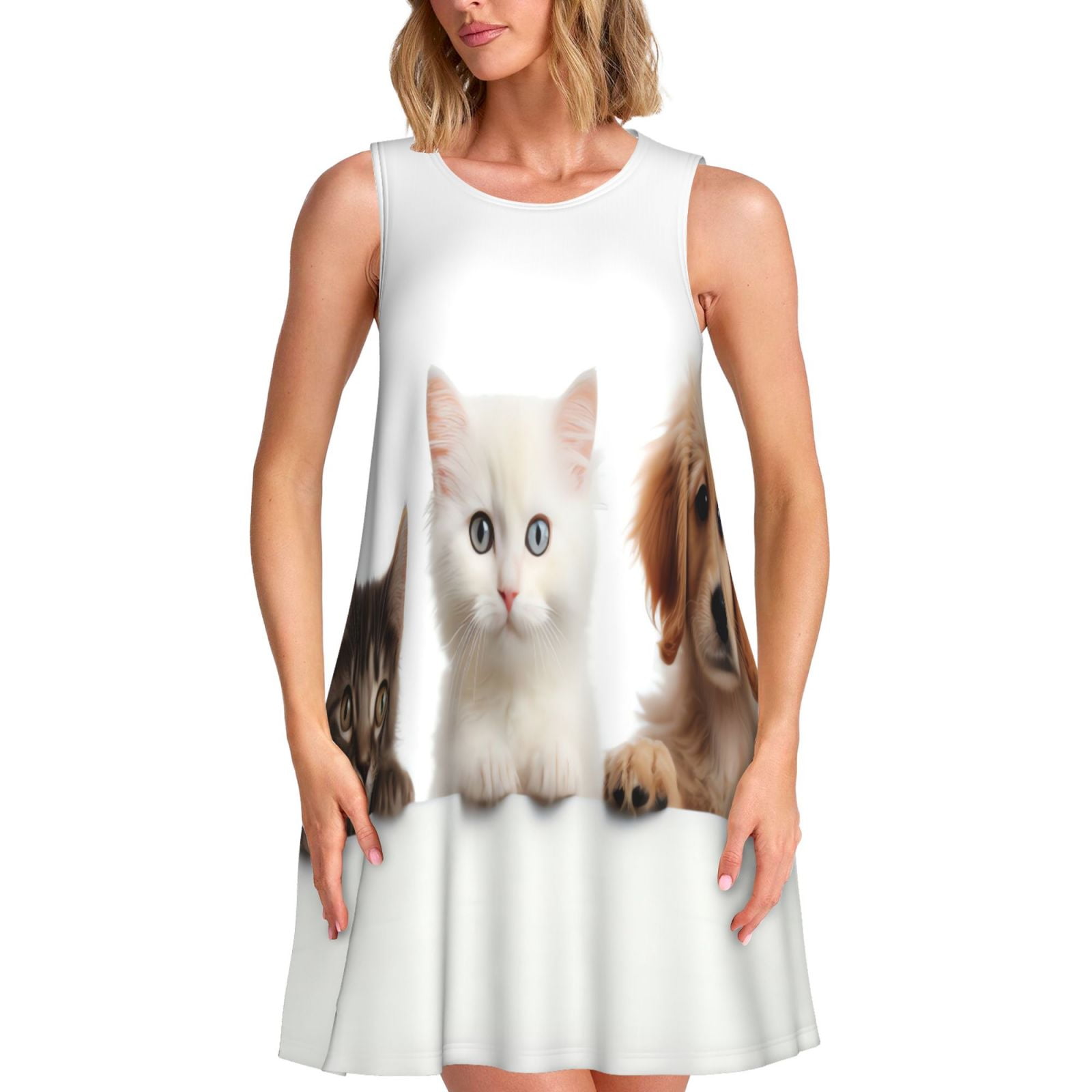 KLL Cute Kittens And Puppy Pattern Womens Summer Dresses 2025,Loose ...