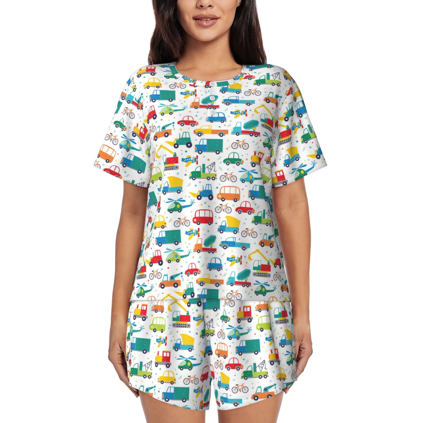 KLL Cute Transport Print Pajama Set for Women Short Sleeve Sleepwear Pjs Soft 2 Piece Lounge ...