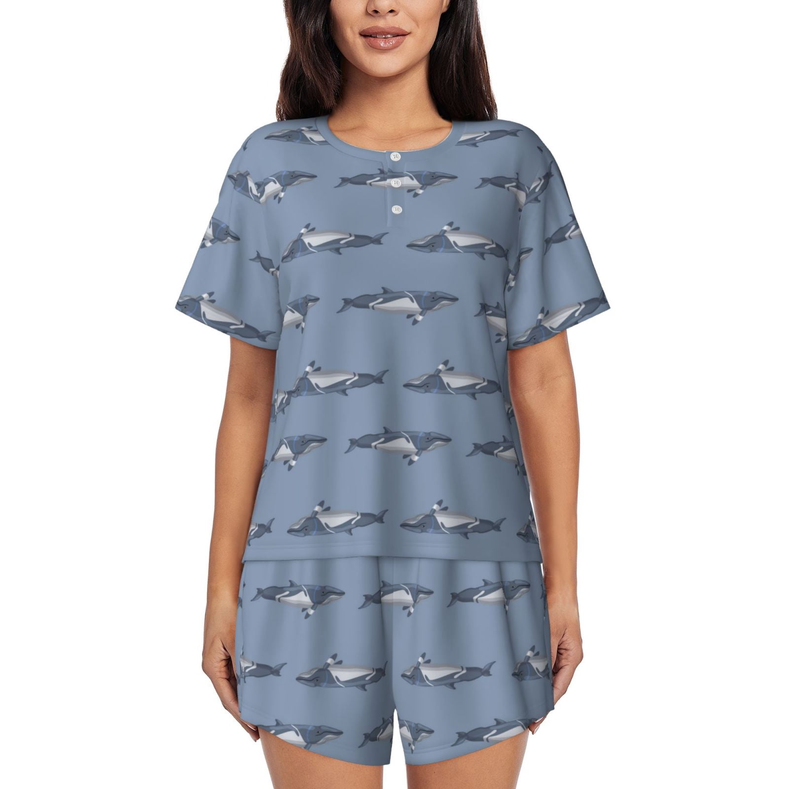 KLL Cute Whale Print Pajama Set for Women Short Sleeve Sleepwear Pjs ...