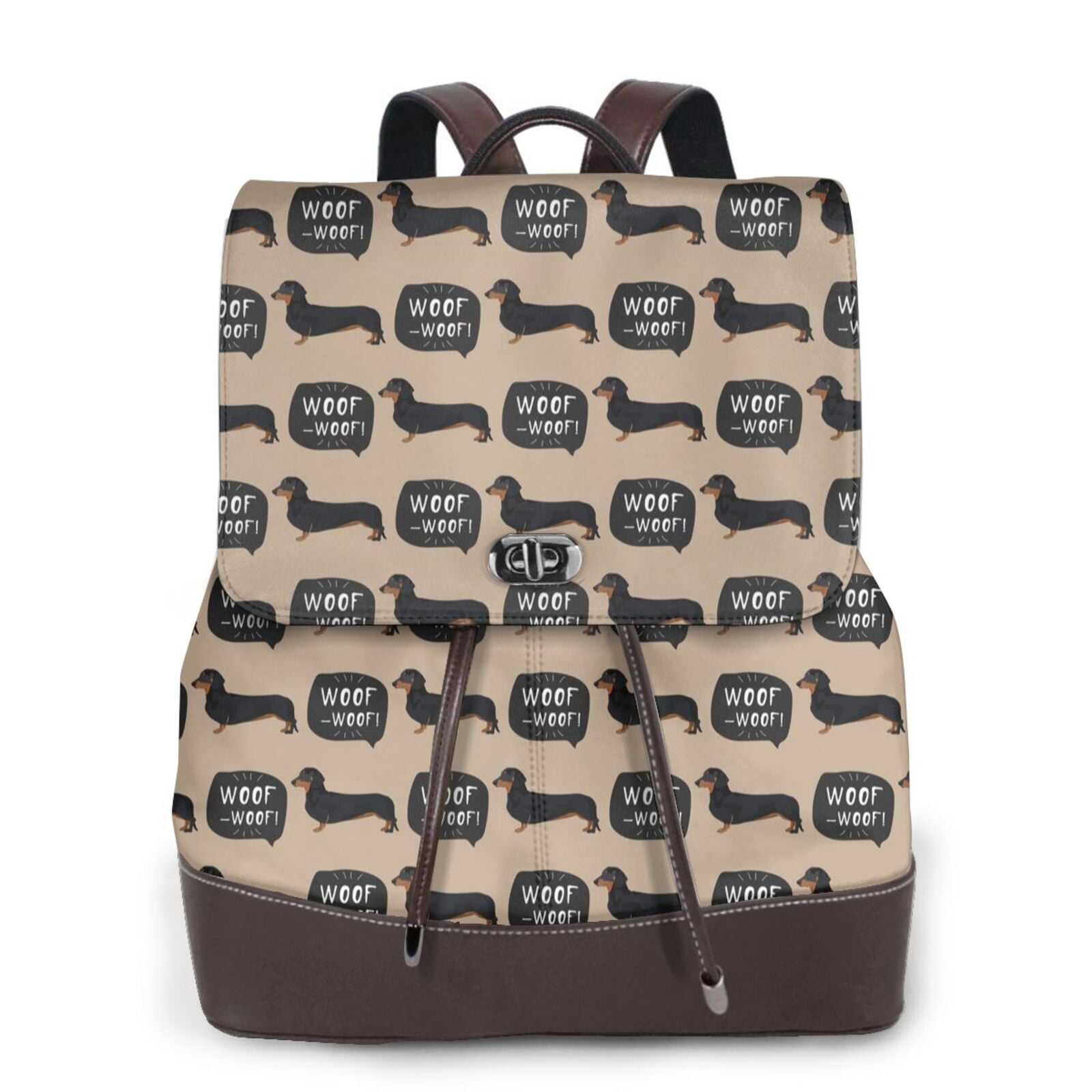 KLL Dachshund Dog Woof Print Leather Backpack,PU Leather Laptop ...