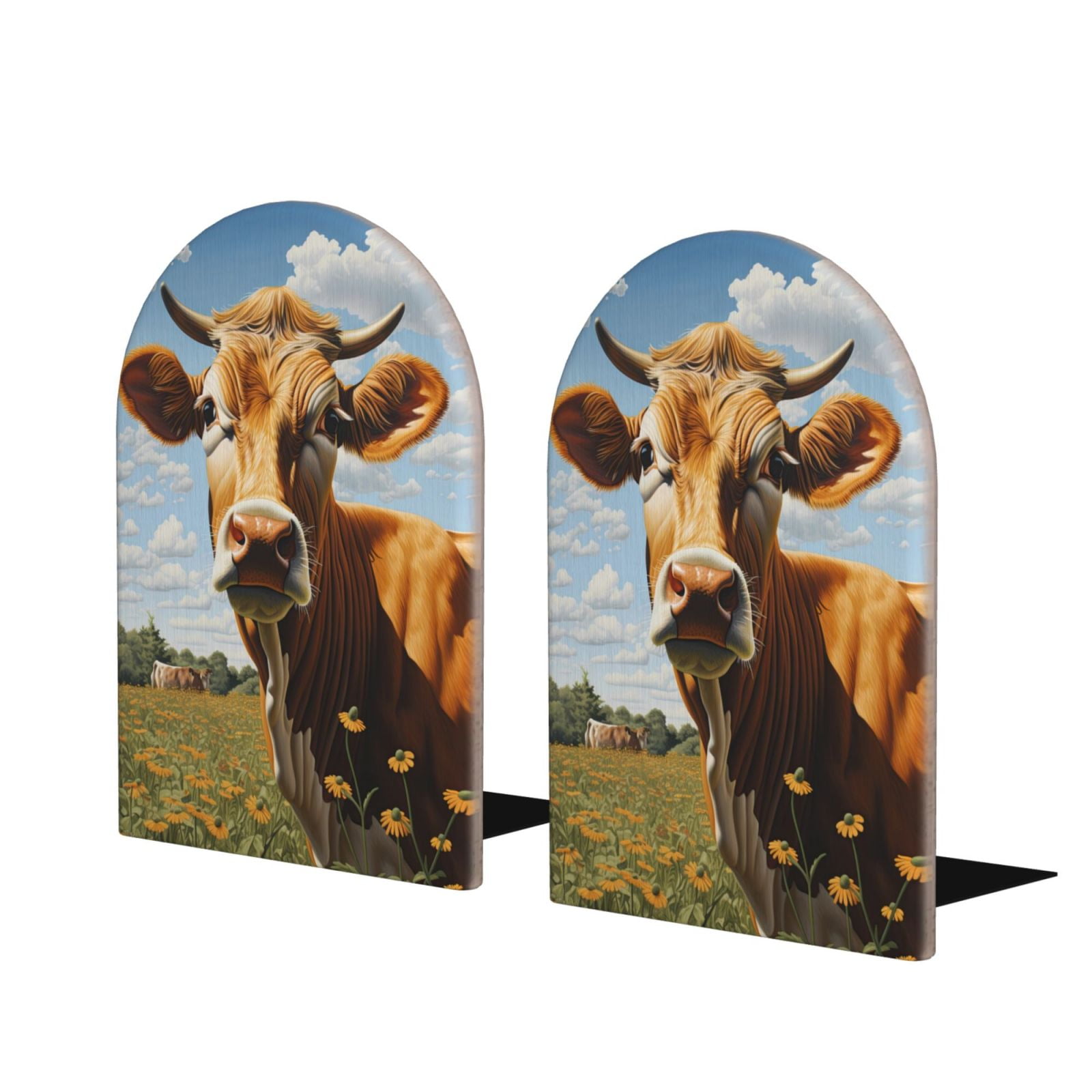 KLL Daisy Flower Field Cow Print Wood Book Ends for Shelves,1 Pair Wood ...