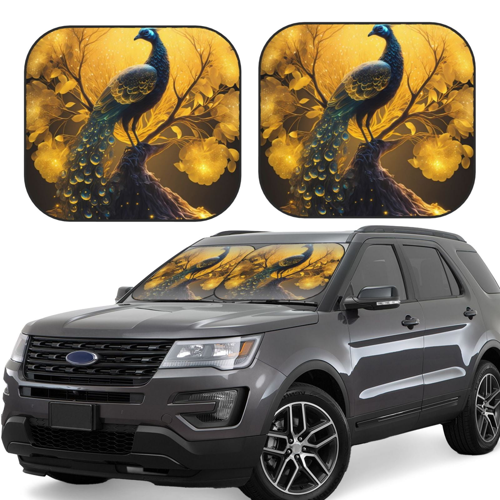 KLL Elegant Gold Leaf Peacock Windshield Sun Shade 2-Piece Foldable Car ...
