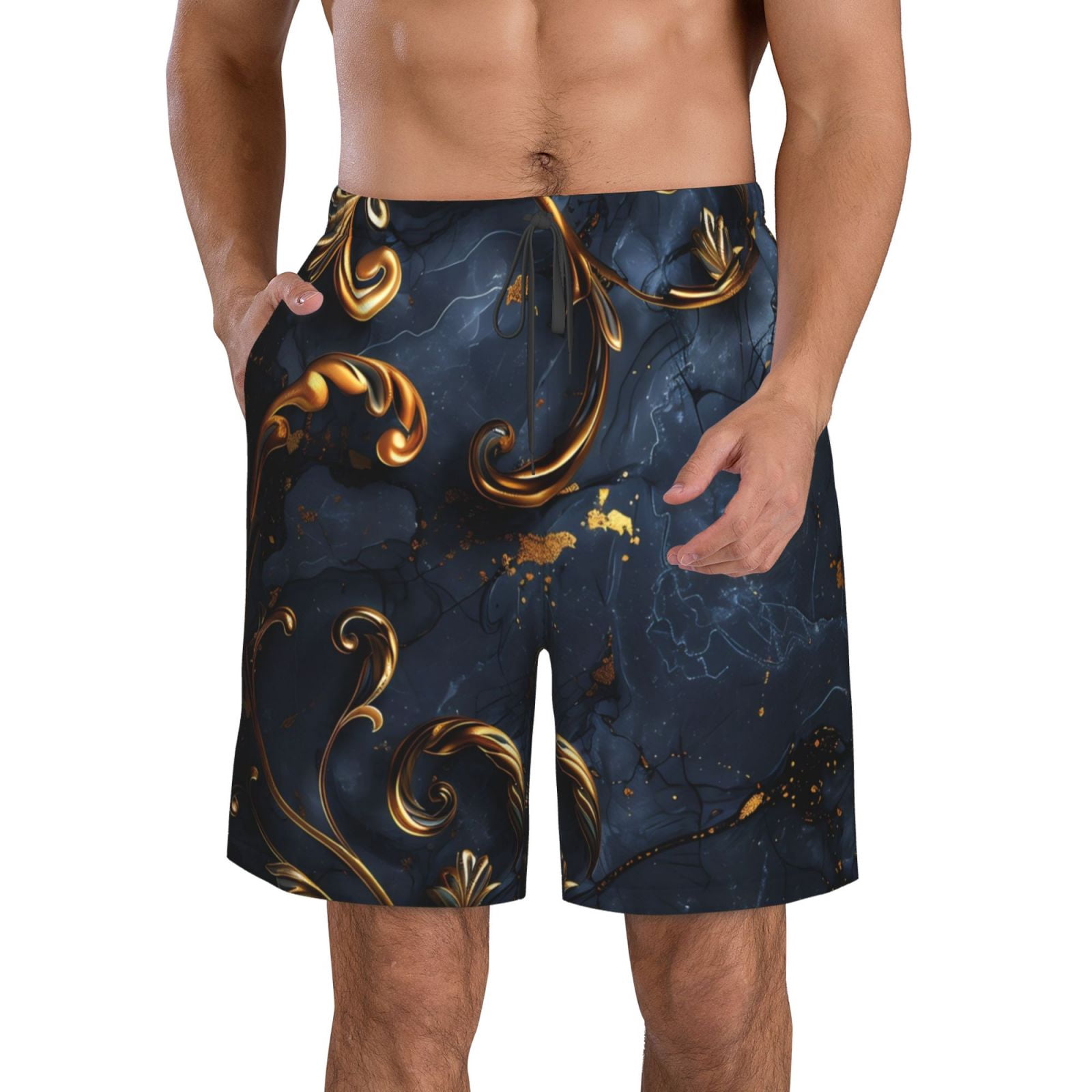 KLL Elegant Gold Scrollwork Men's Casual Summer Beach Shorts Hawaiian ...