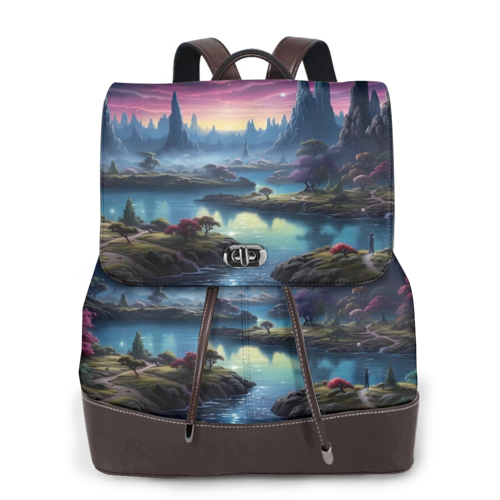 KLL Fantasy Landscape Starry Night Print Leather Backpack,PU Leather ...