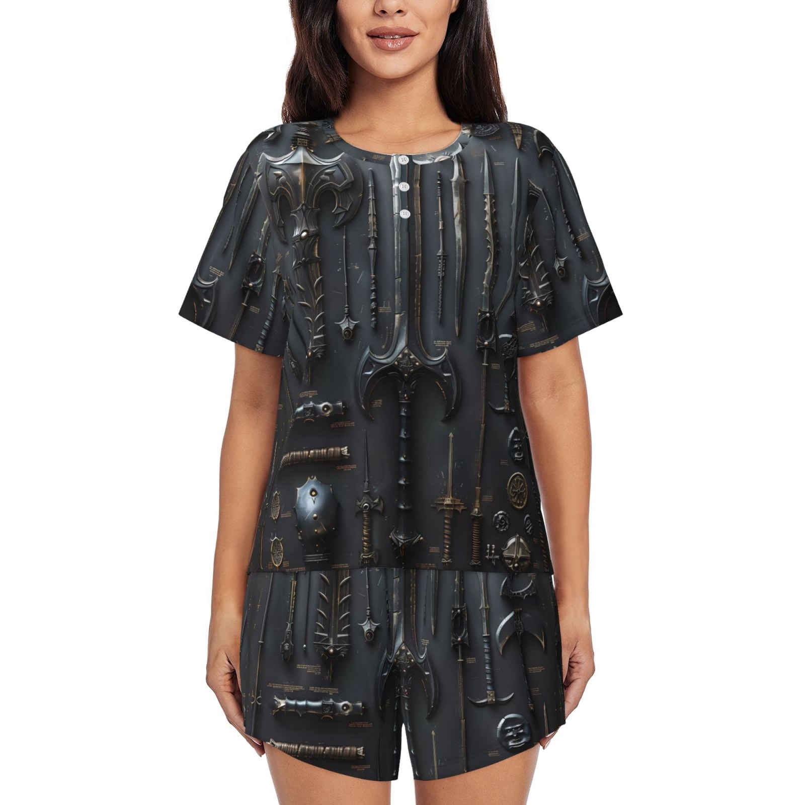KLL Fantasy Medieval Weaponry Print Pajama Set for Women Short Sleeve ...