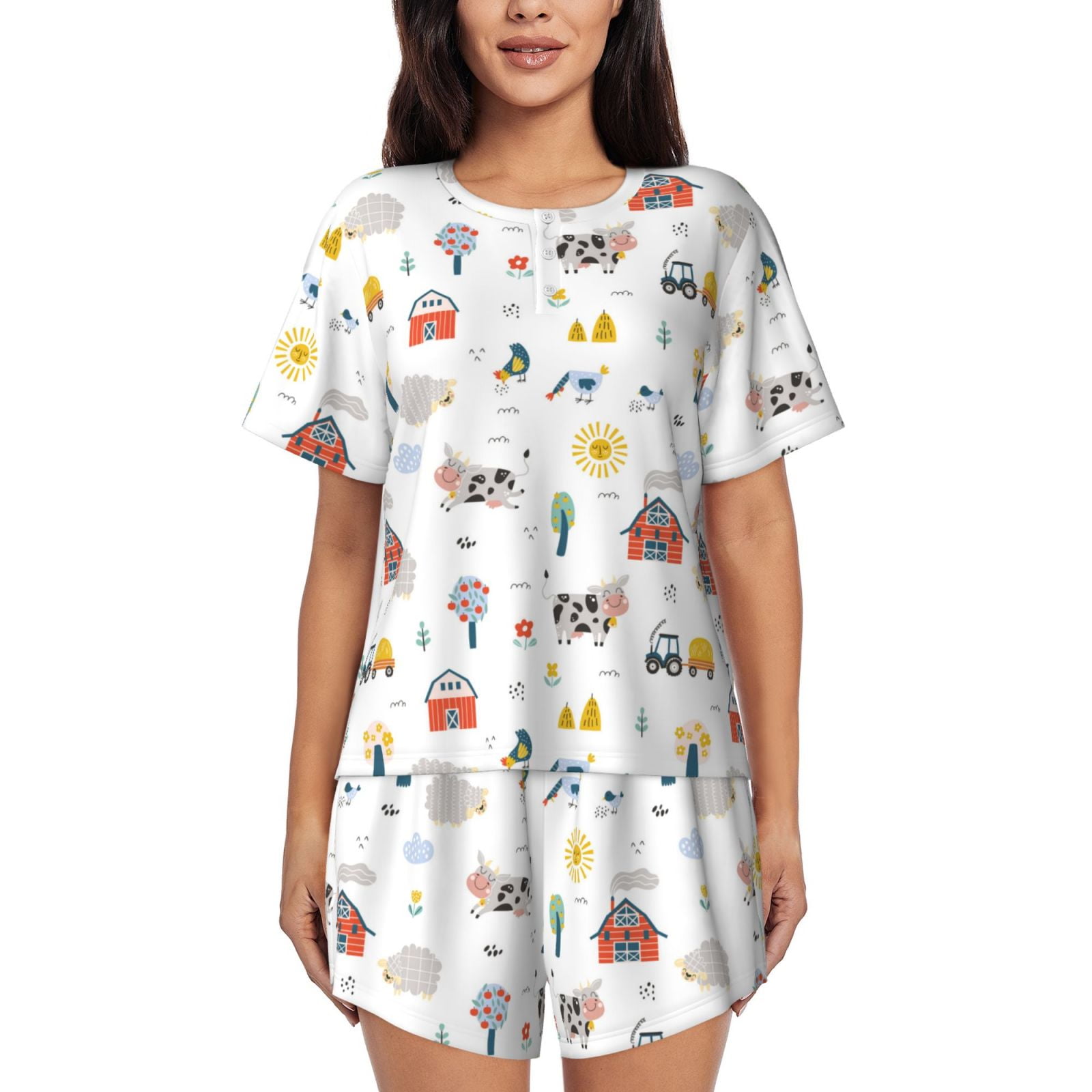 KLL Farm Animals Print Pajama Set for Women Short Sleeve Sleepwear Pjs ...
