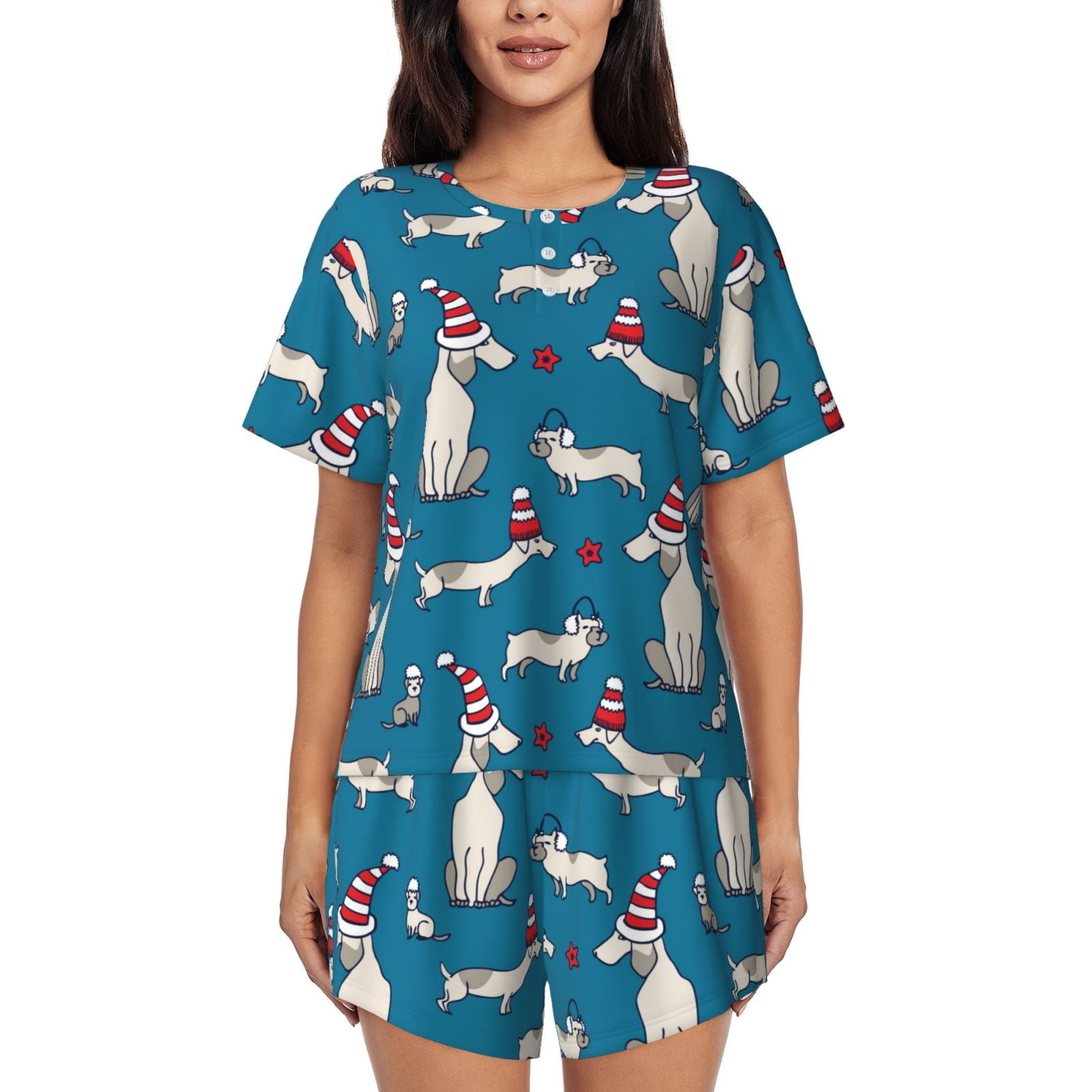 KLL Festive Dachshund Fun Print Pajama Set for Women Short Sleeve ...