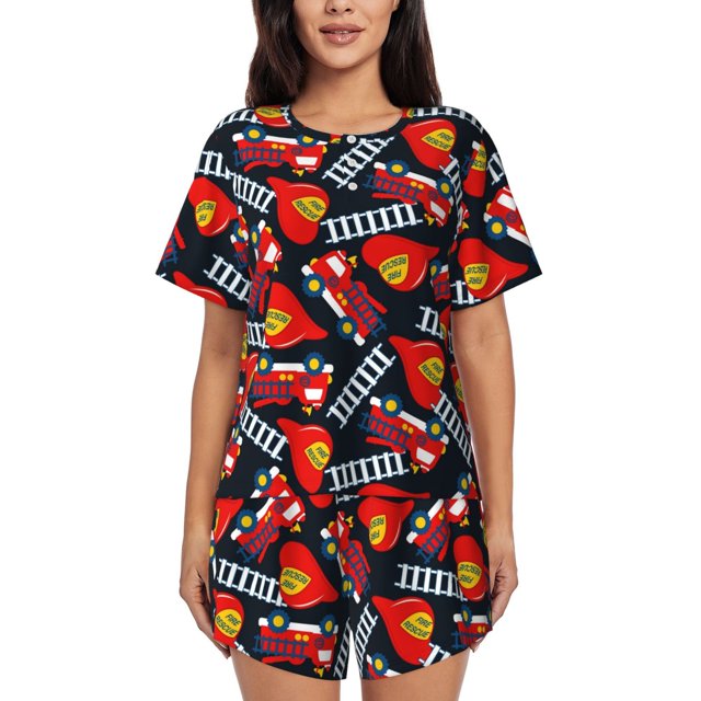 KLL Fire Rescue With Red Helmet And Truck Print Pajama Set for Women Short Sleeve Sleepwear Pjs ...