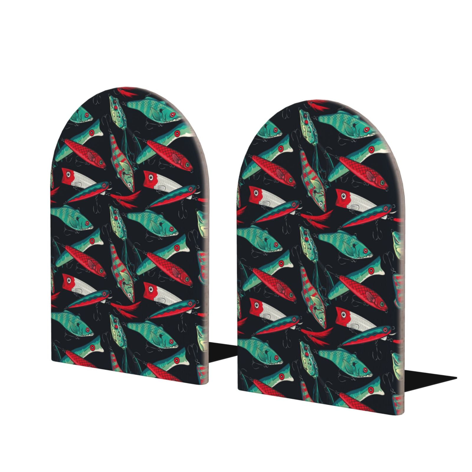 KLL Fishing Lure Print Wood Book Ends for Shelves,1 Pair Wood Bookends ...