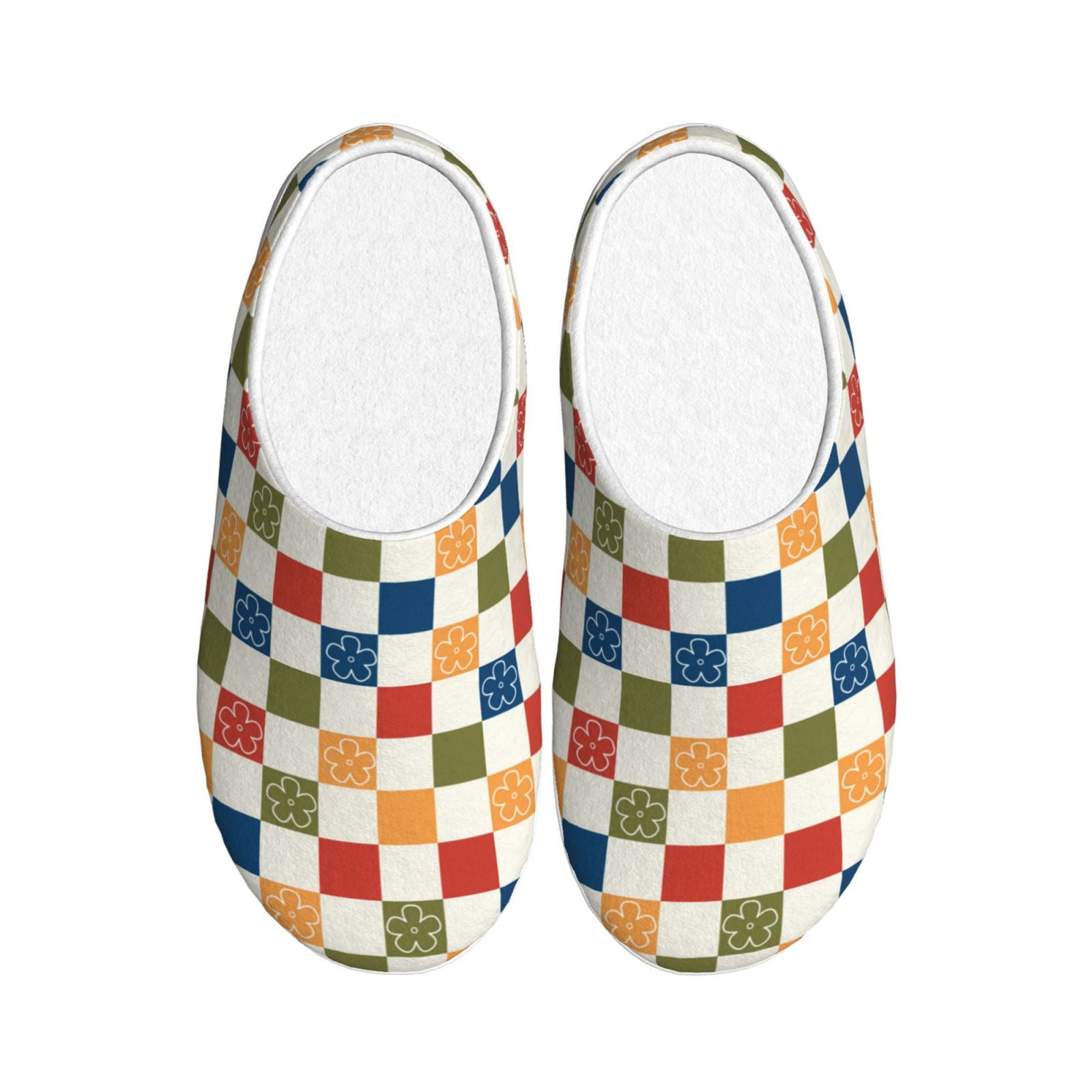 KLL Floral Checkerboard Pattern Adult Unisex Cozy Slippers,Fuzzy Slip ...