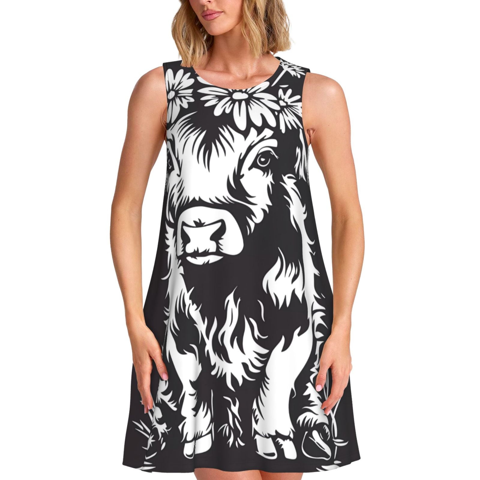 KLL Floral Cow Silhouette Pattern Womens Summer Dresses 2025,Loose ...