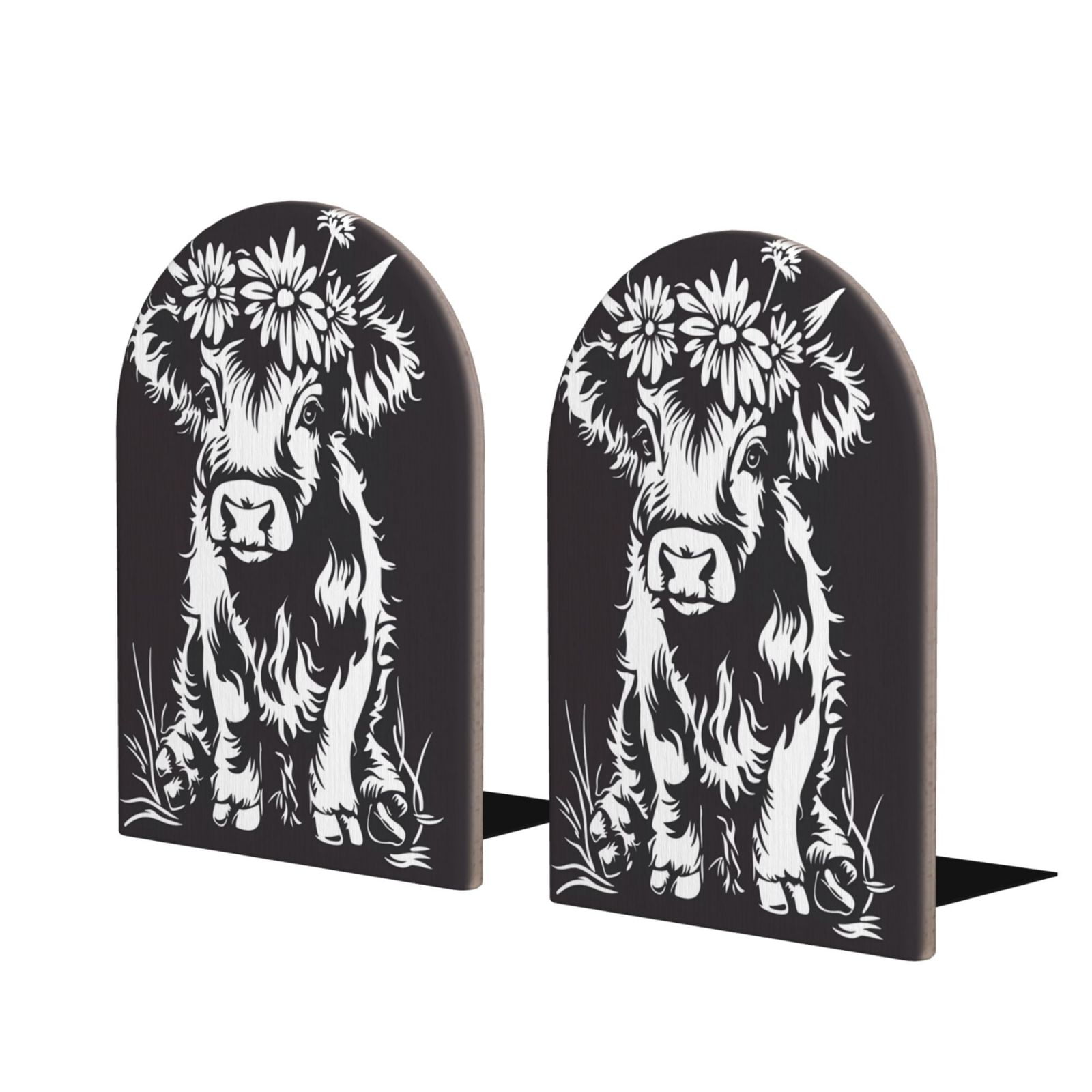 KLL Floral Cow Silhouette Print Wood Book Ends for Shelves,1 Pair Wood ...