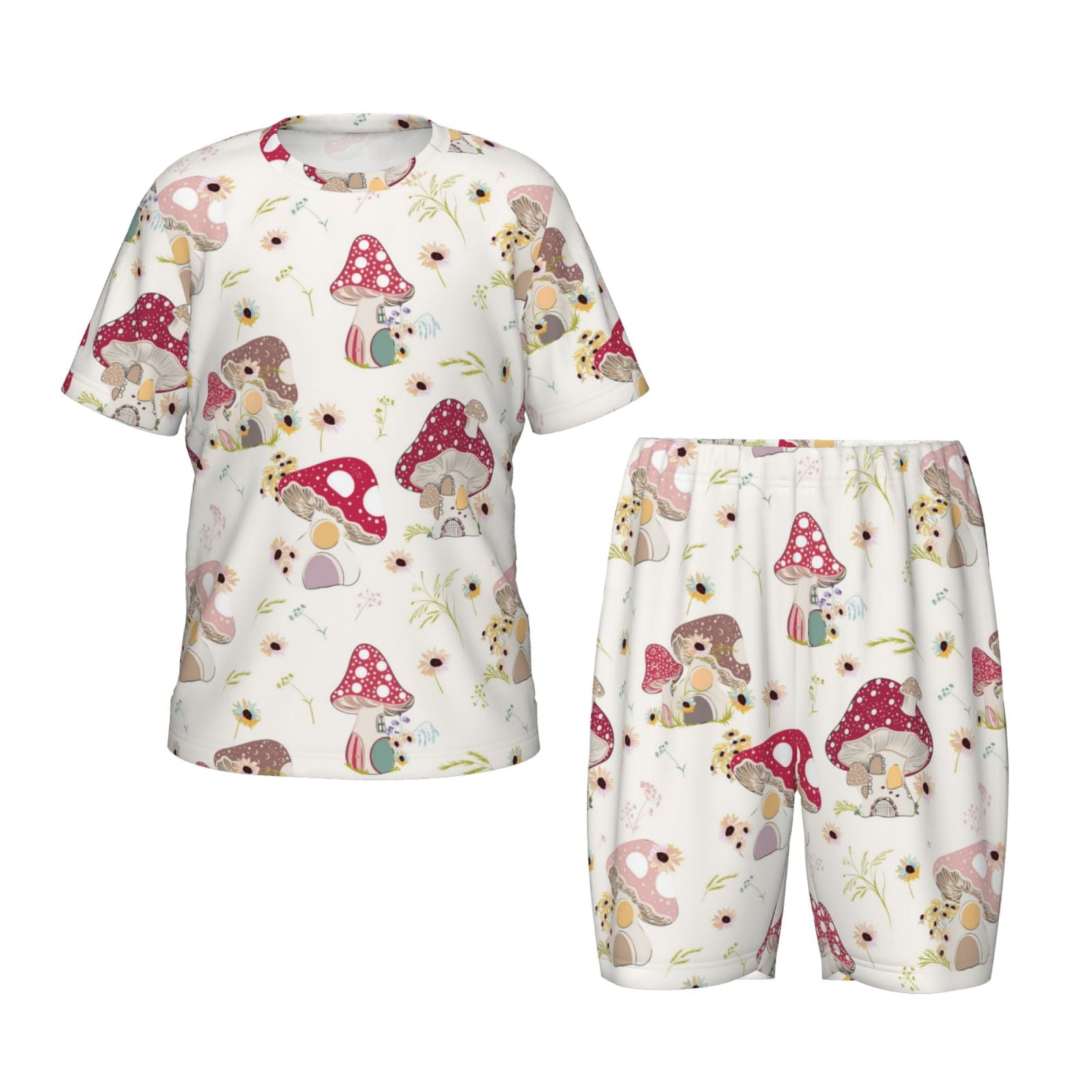 KLL Floral Mushroom Print Kids' Short-Sleeved Pajama Set,Soft Pajama ...