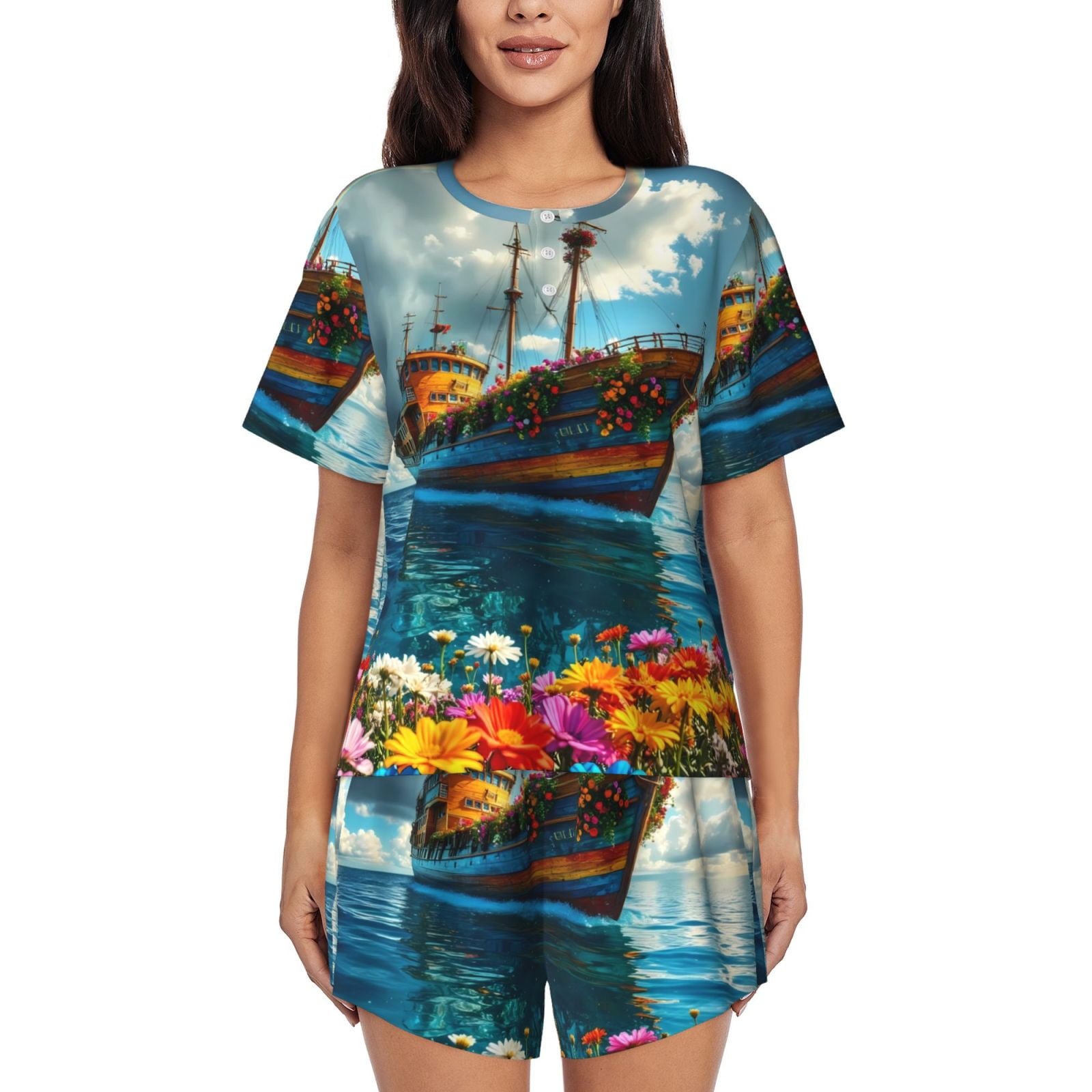 KLL Floral Ship On Ocean Print Pajama Set for Women Short Sleeve ...